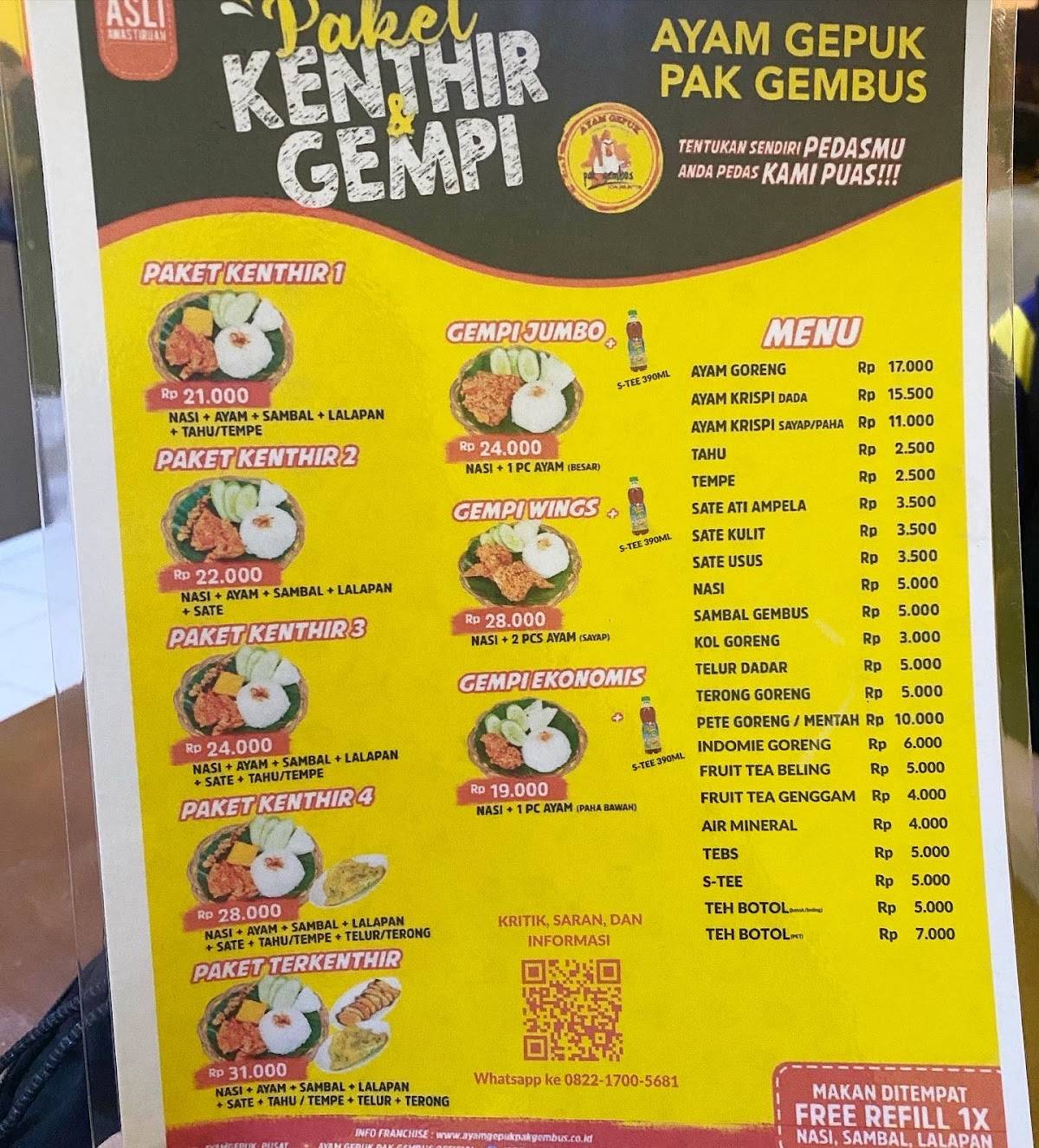 Menu at Ayam Gepuk Pak Gembus Katapang Bandung restaurant, Katapang
