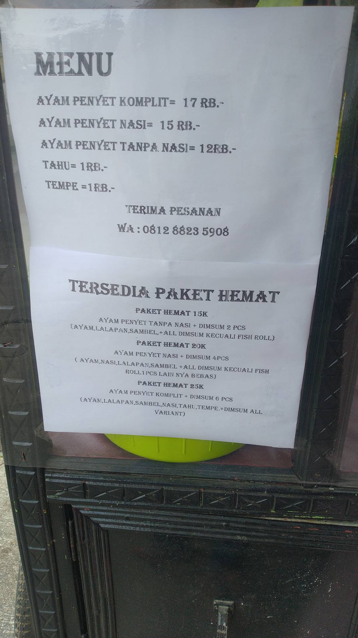 Menu at Ayam Penyet Bang Agan restaurant, Indonesia