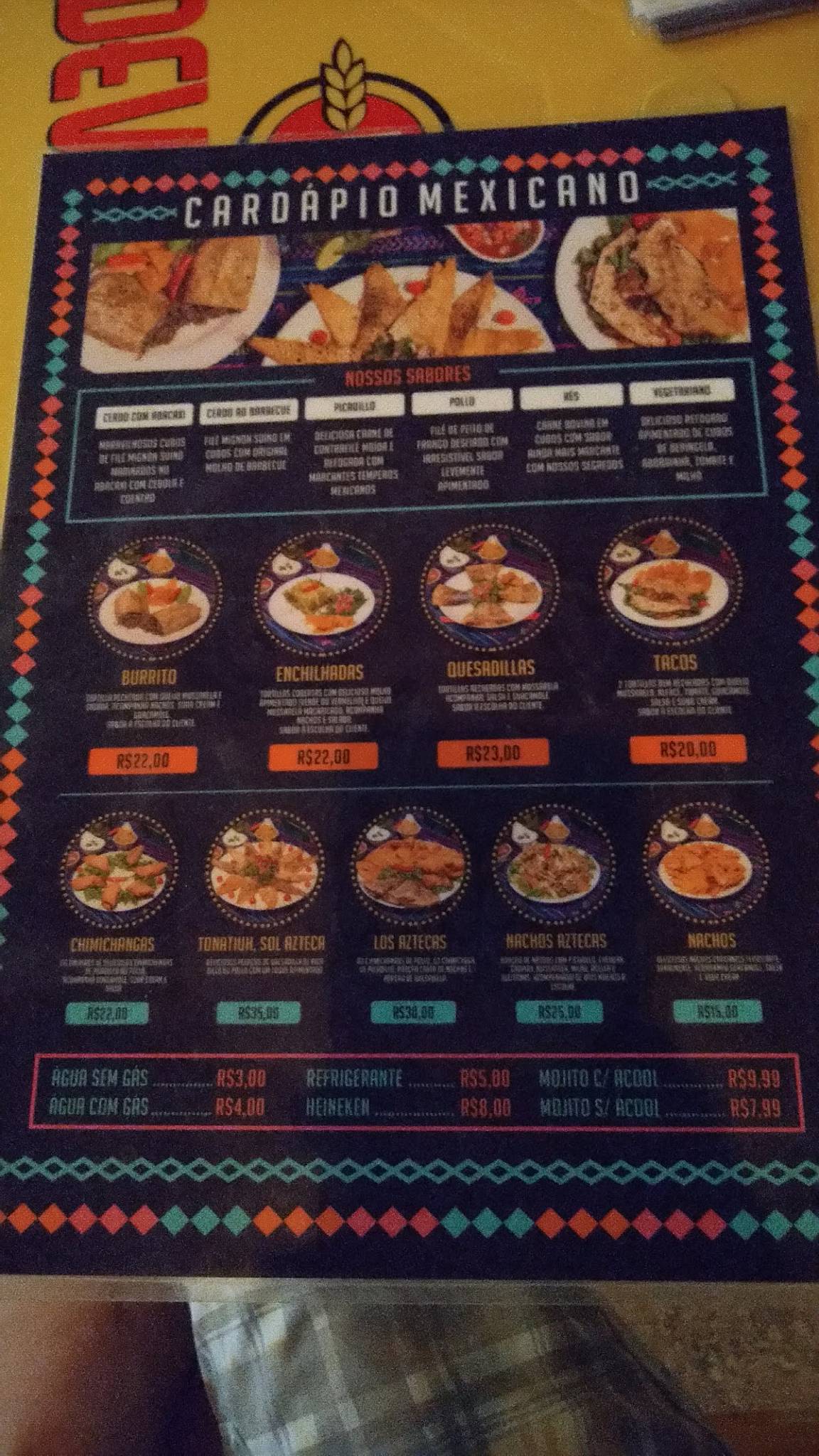 Menu at Aztecas Tex Mex restaurant, Recife