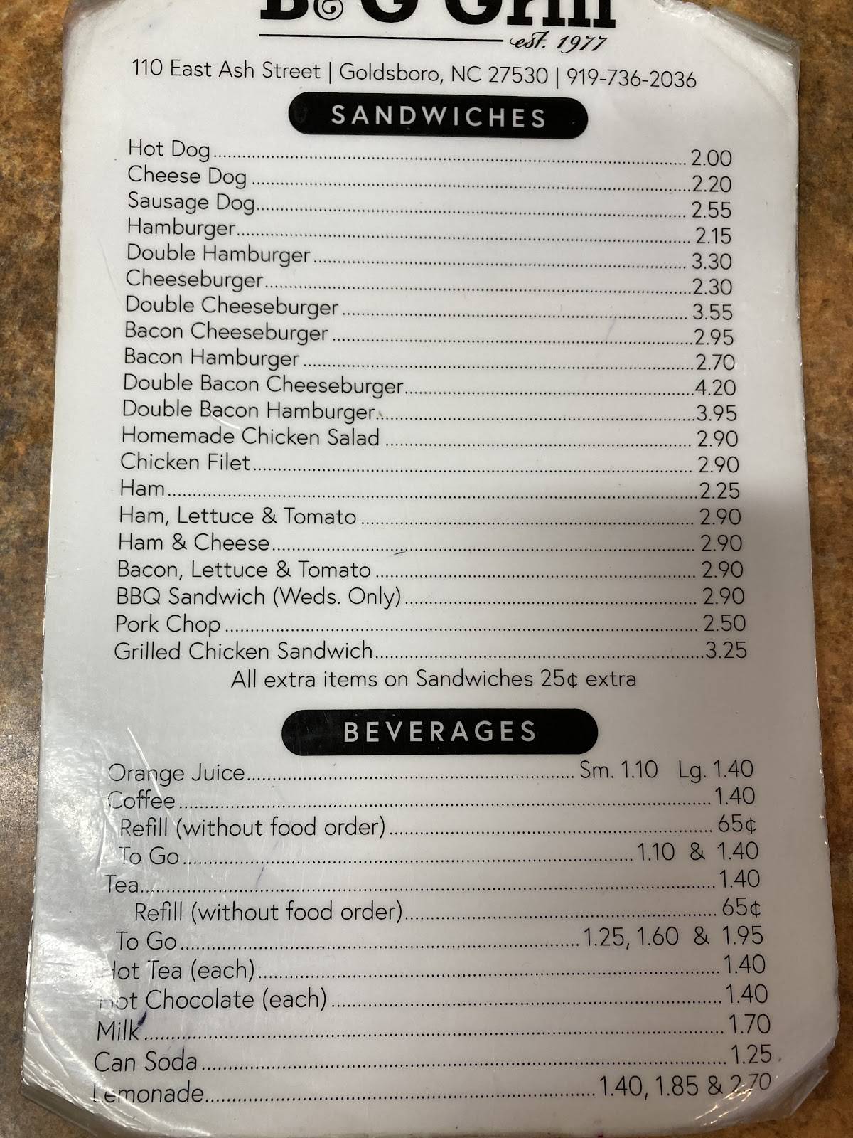 Menu at B & G Grill restaurant, Goldsboro