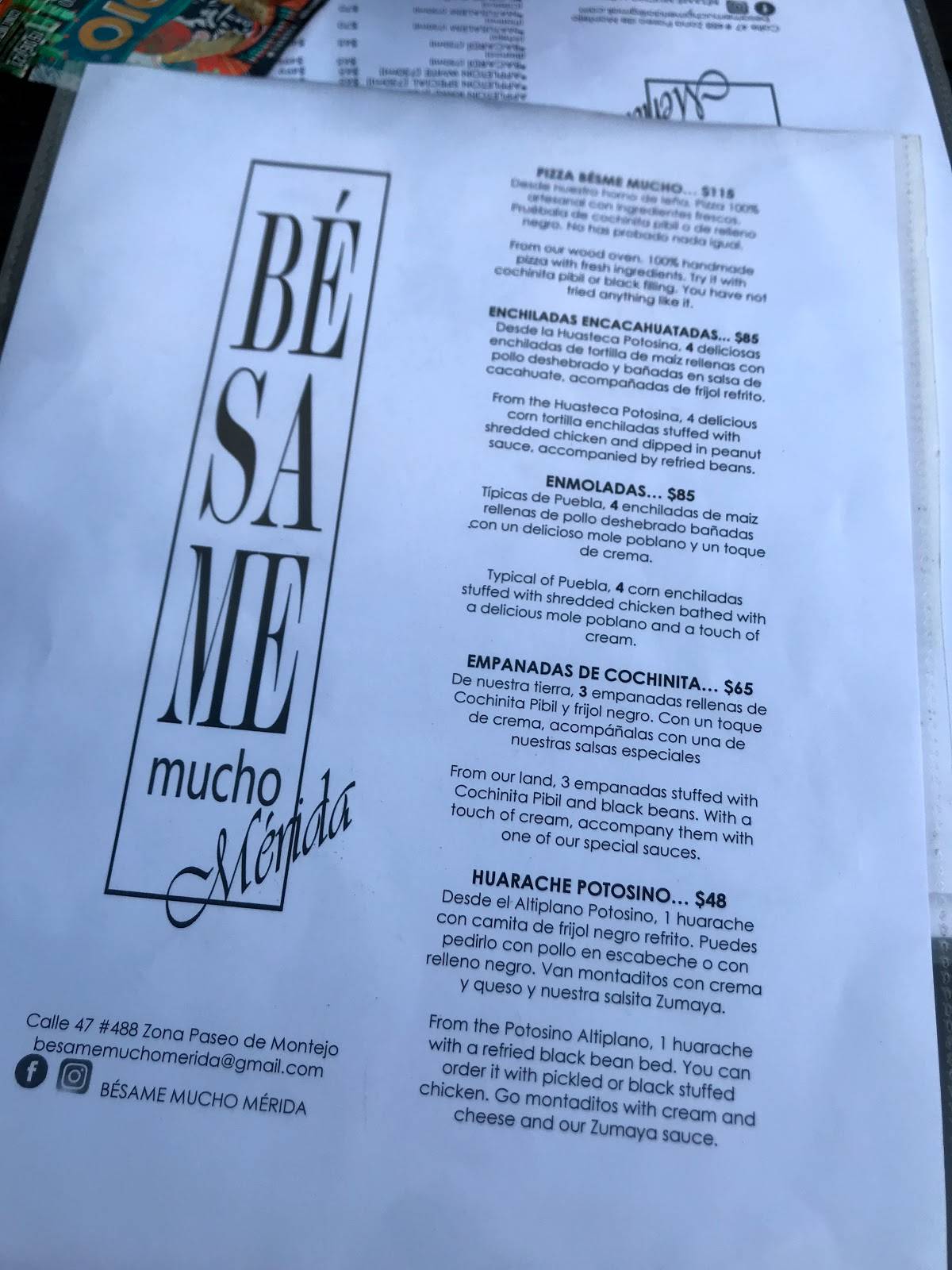 Menu at Bésame Mucho pub & bar, Merida