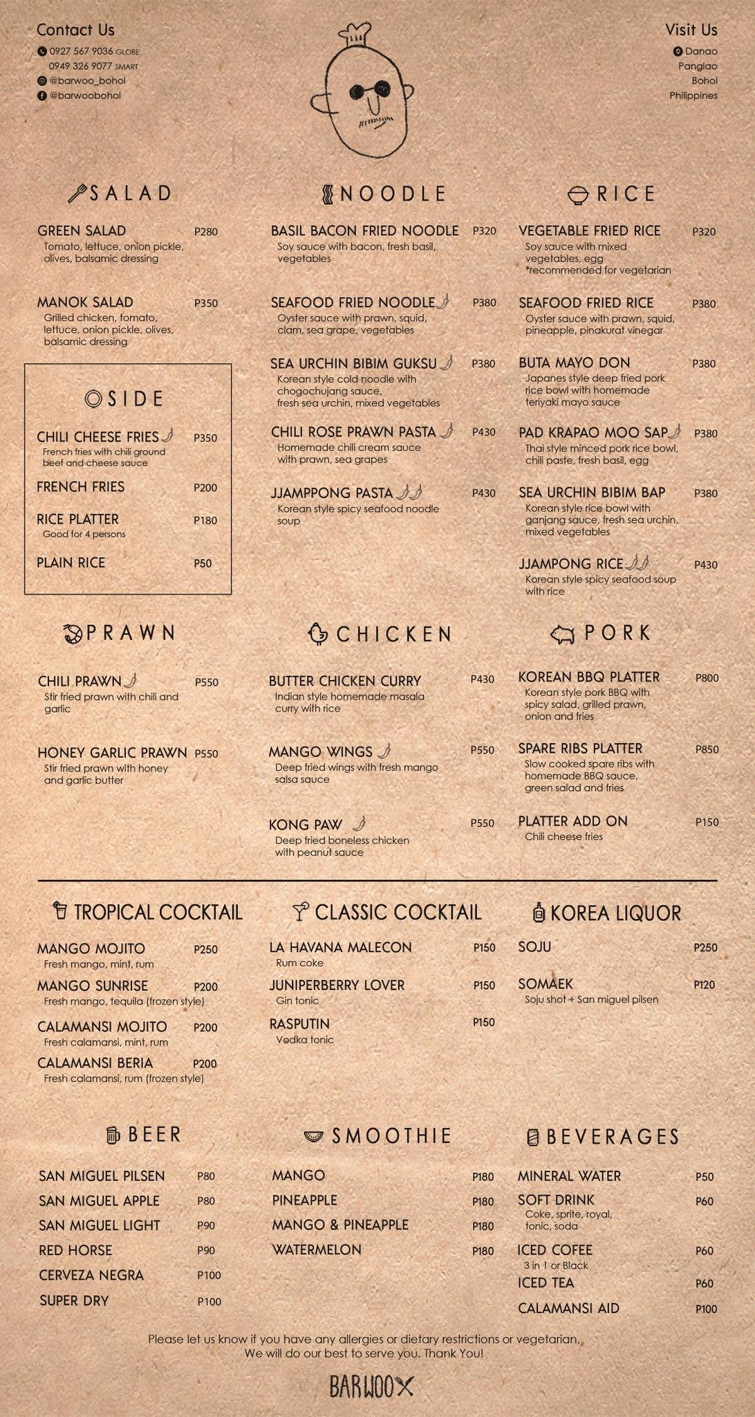 Menu at BARWOO, Panglao