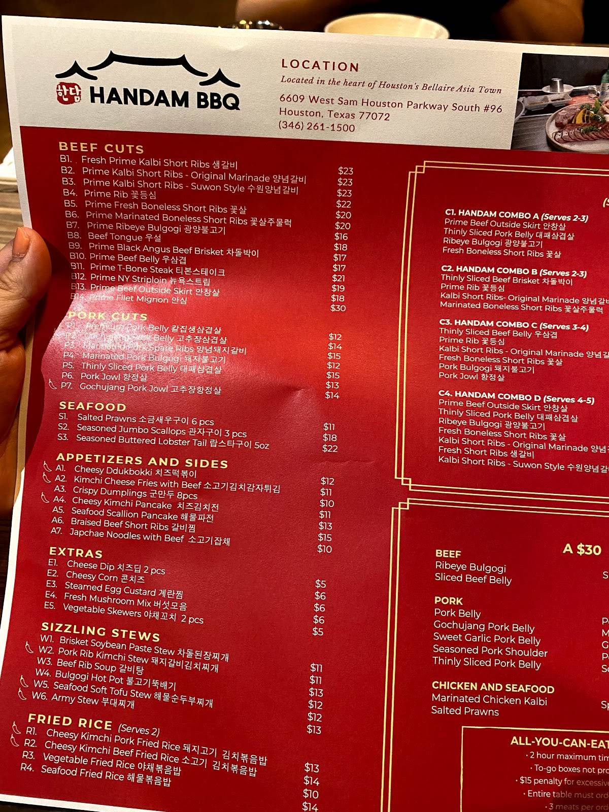 Menu at Handam BBQ, Houston