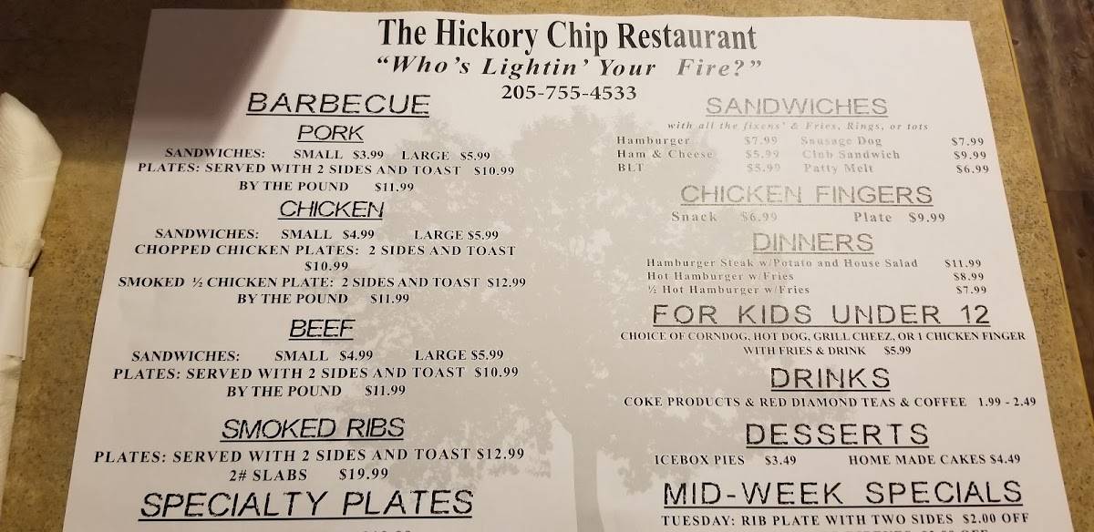 Menu at Hickory Chip BBQ, Clanton
