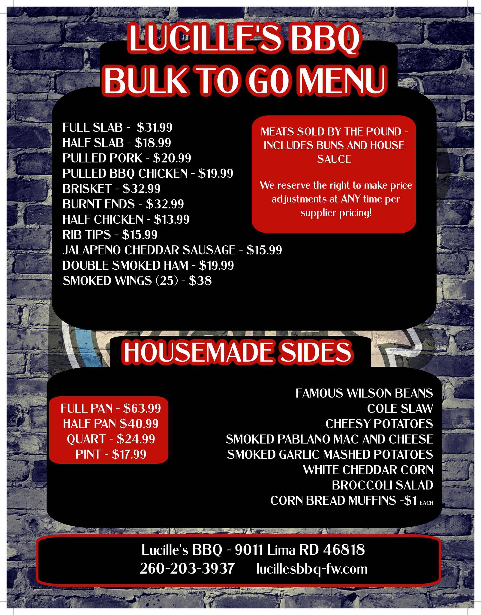 Menu at Lucille's BBQ, Fort Wayne