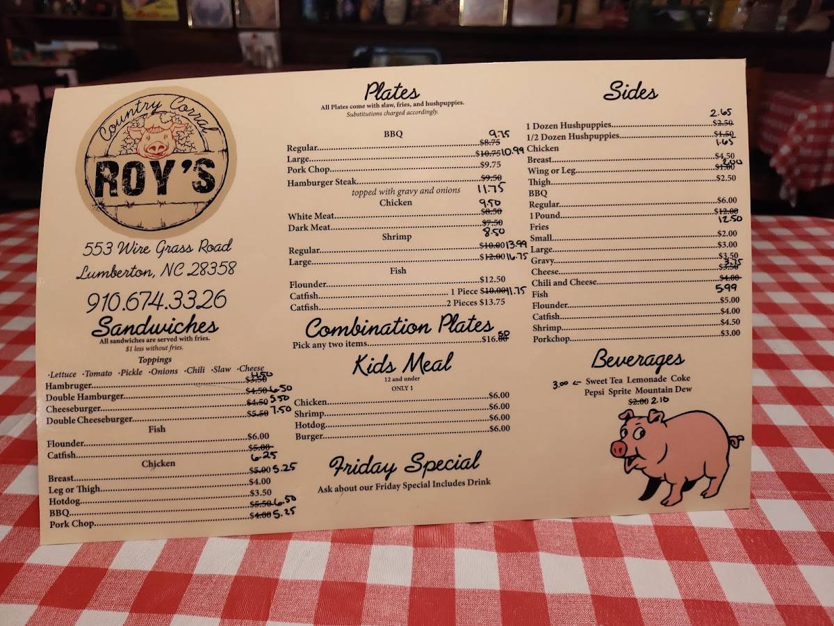 Menu at Roy's Country Corral BBQ, Lumberton