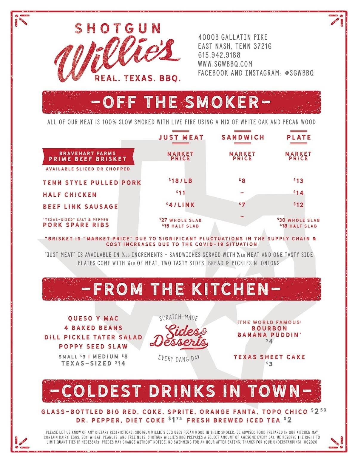 Menu at Shotgun Willie's BBQ, Nashville