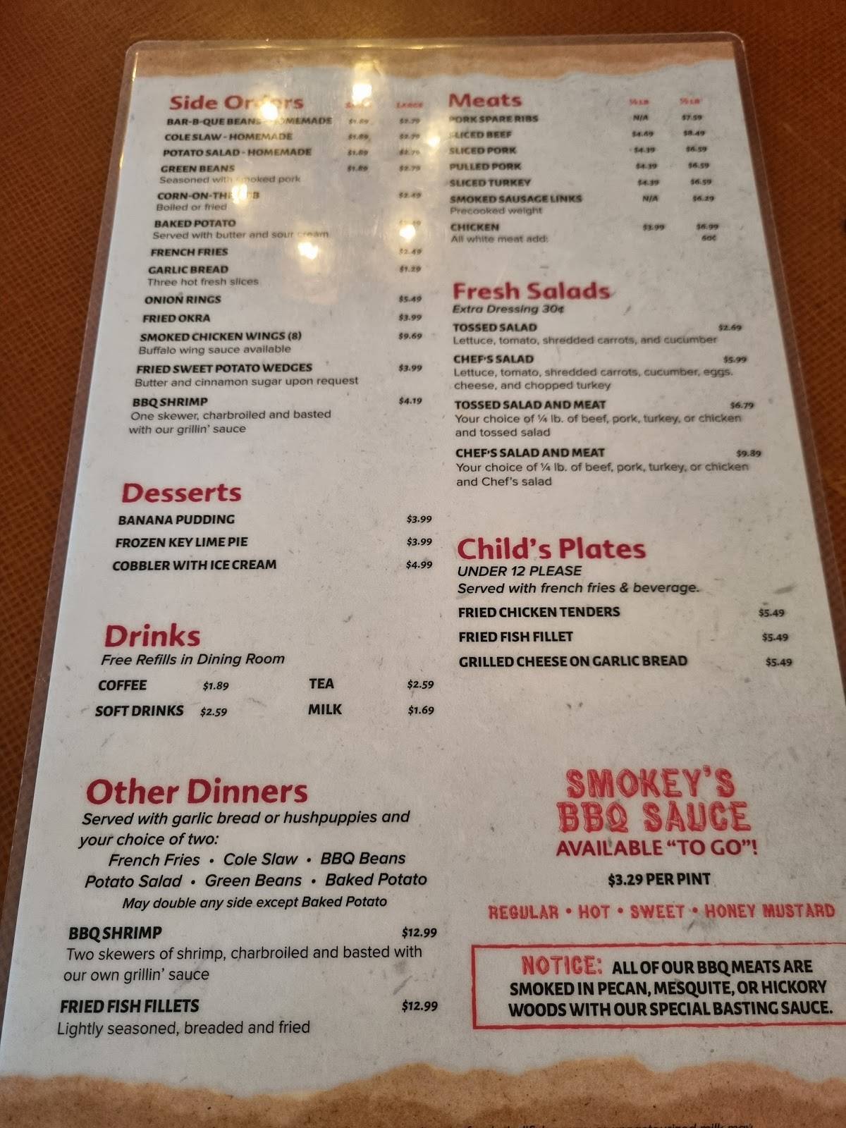 Menu at Smokey's BBQ, Pensacola, Pensacola Blvd