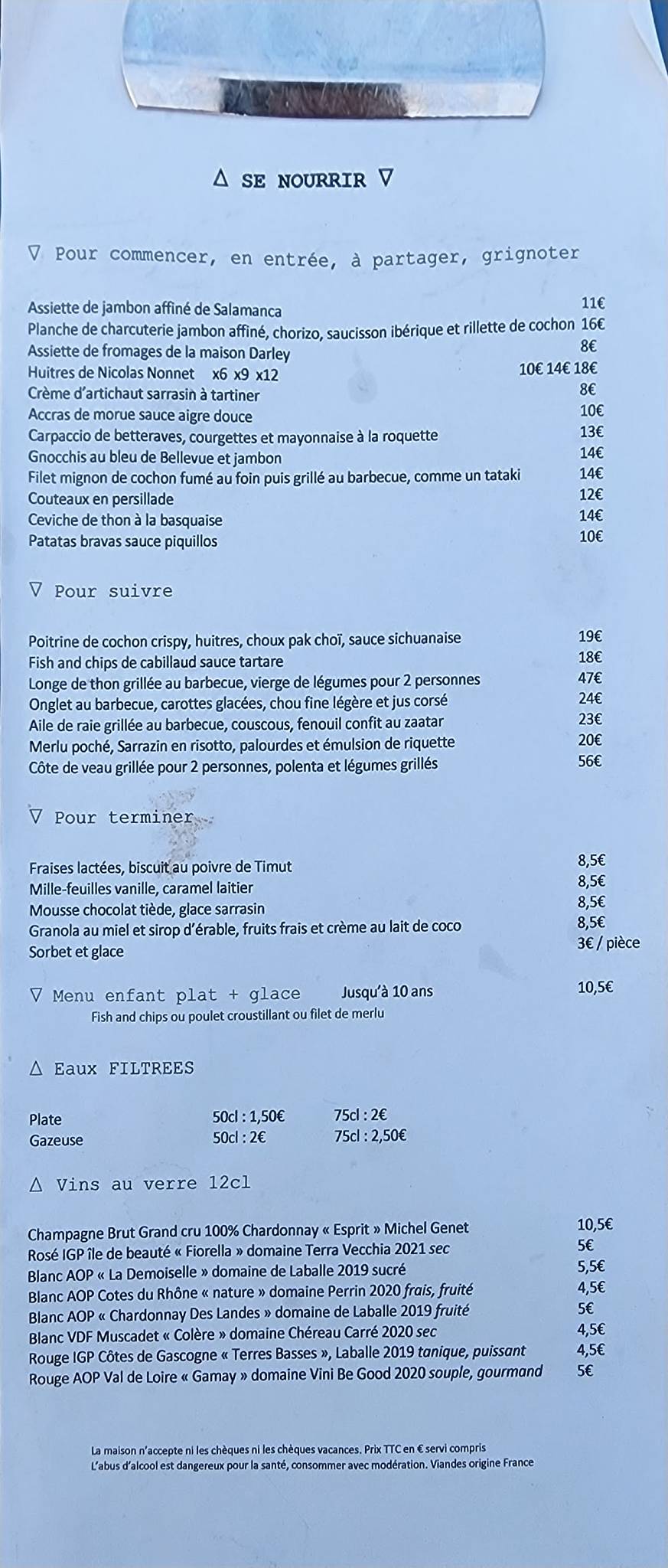 Menu au Bevan restaurant, Pléneuf-Val-André