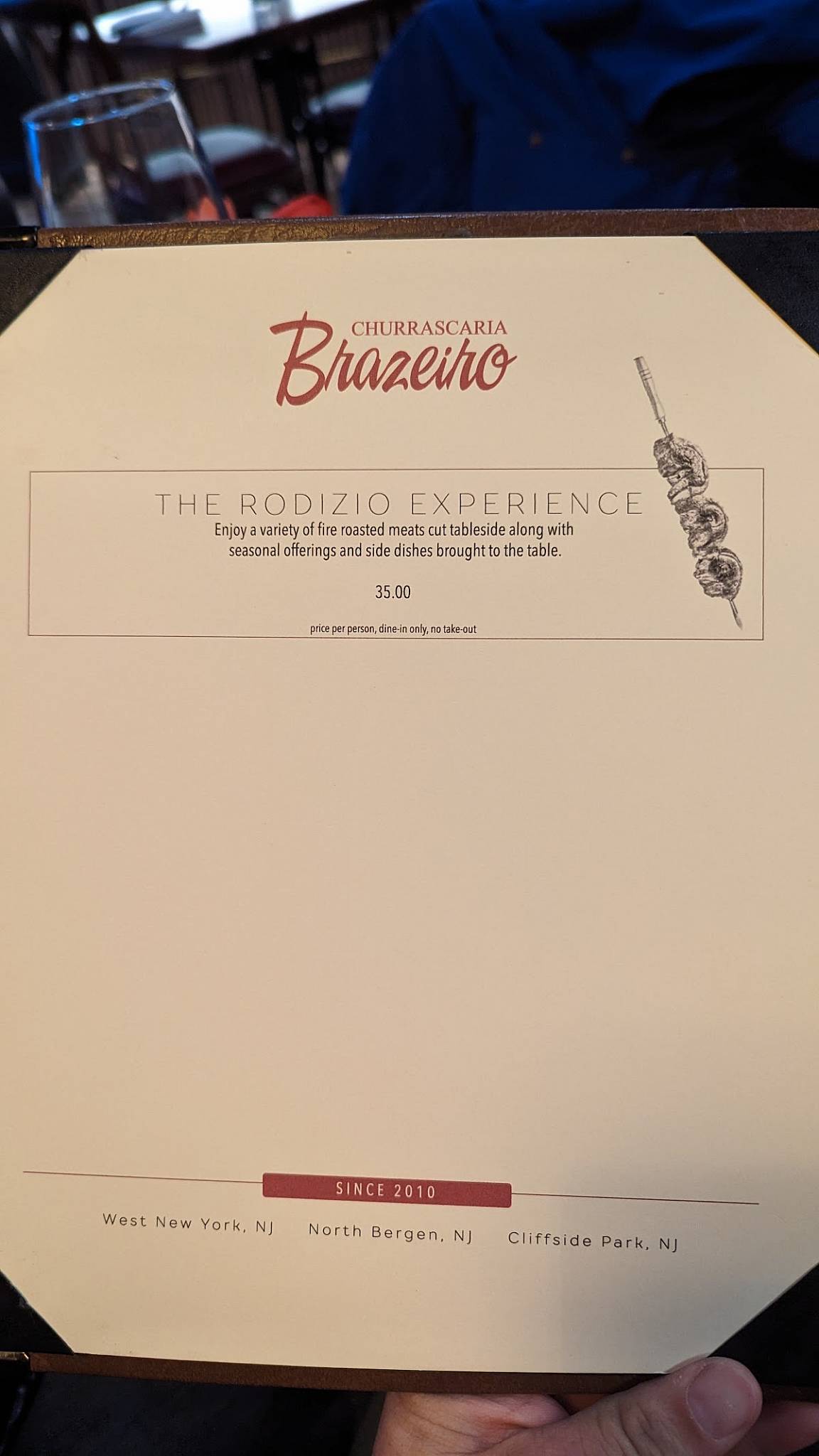 Menu at BRAZEIRO Churrascaria & Rodizio steakhouse, Cliffside Park