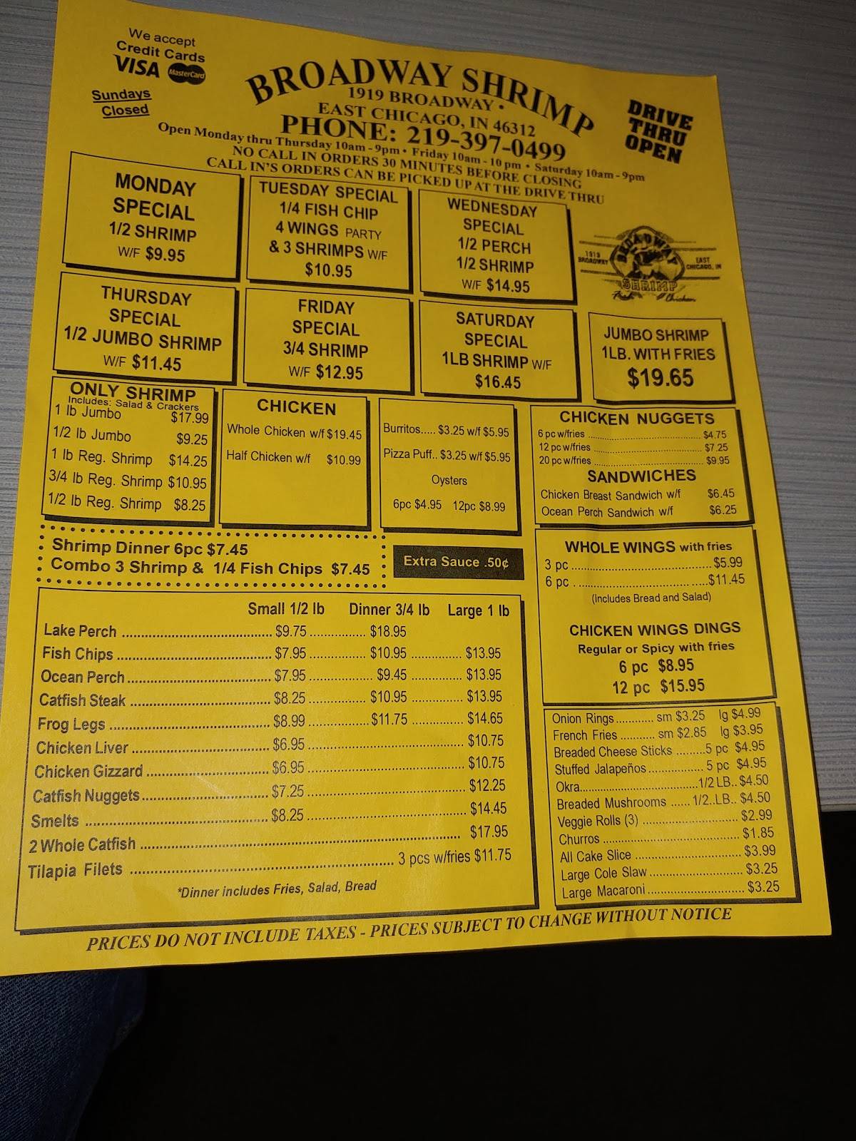 Menu at BROADWAY SHRIMP restaurant, East Chicago