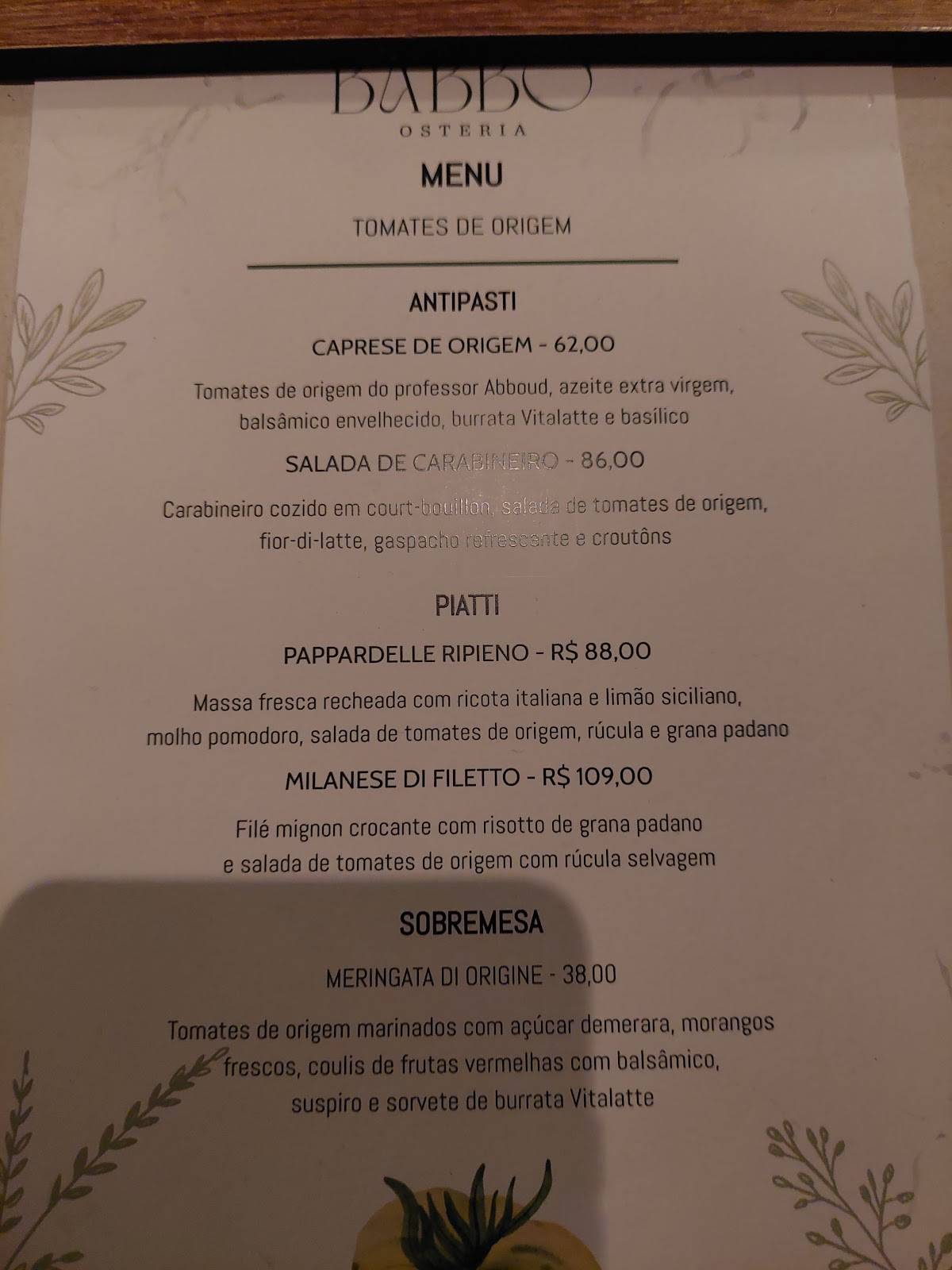 Menu em Babbo Osteria restaurante, Rio de Janeiro
