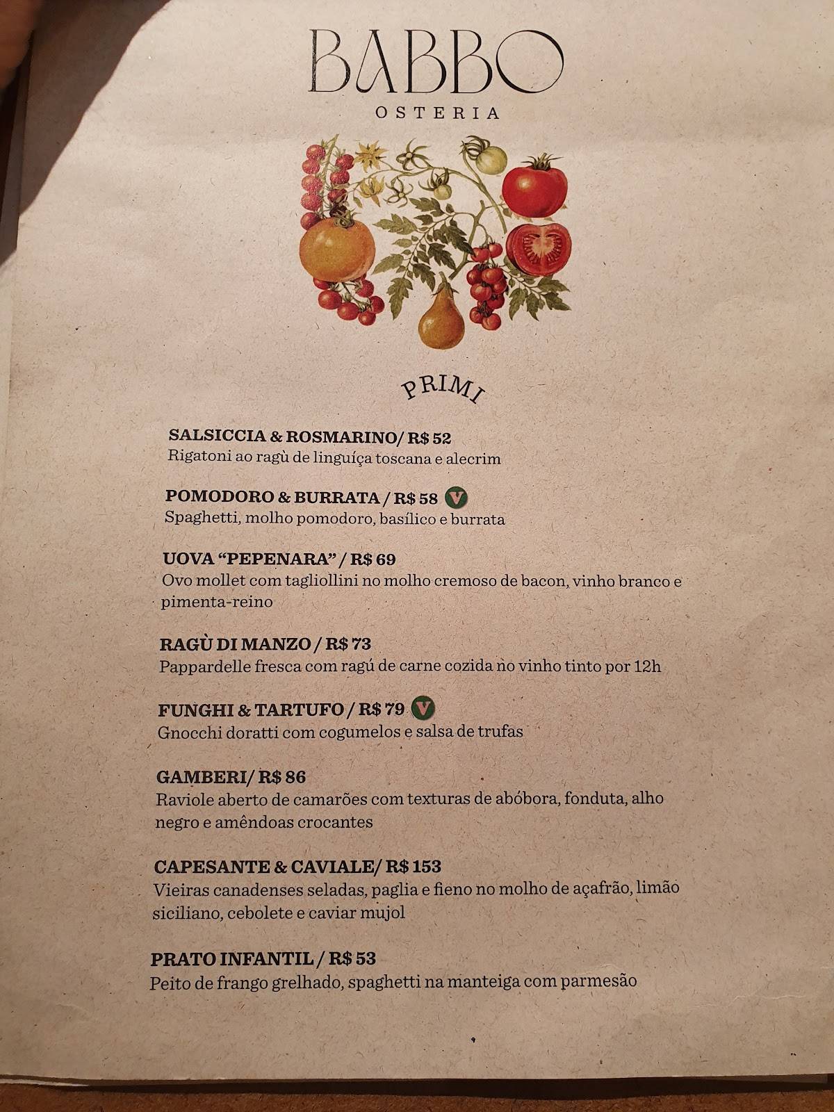 Menu em Babbo Osteria restaurante, Rio de Janeiro