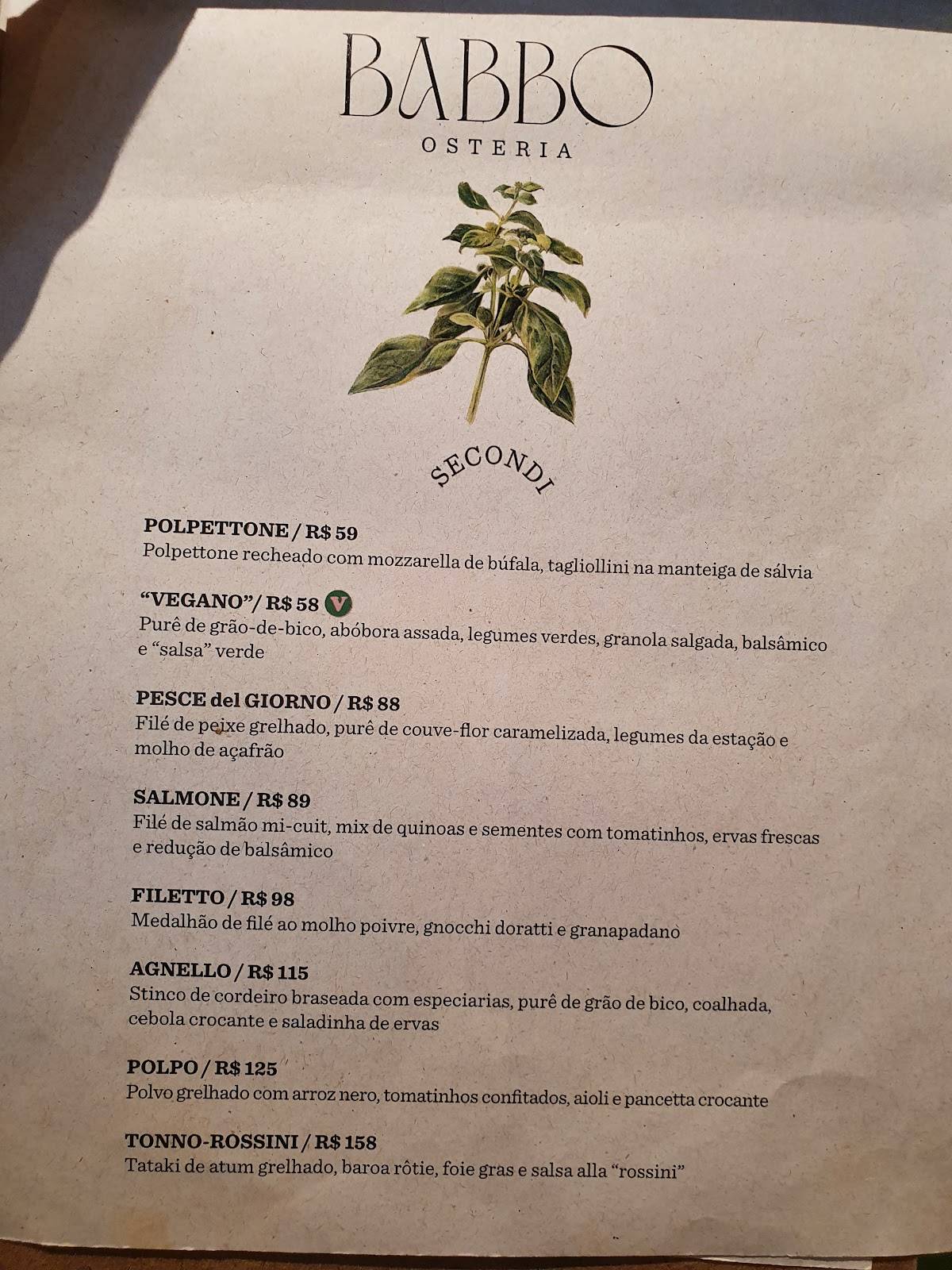 Menu em Babbo Osteria restaurante, Rio de Janeiro