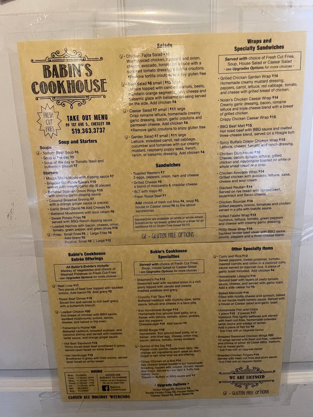 Menu at Babin's Cookhouse restaurant, Chesley