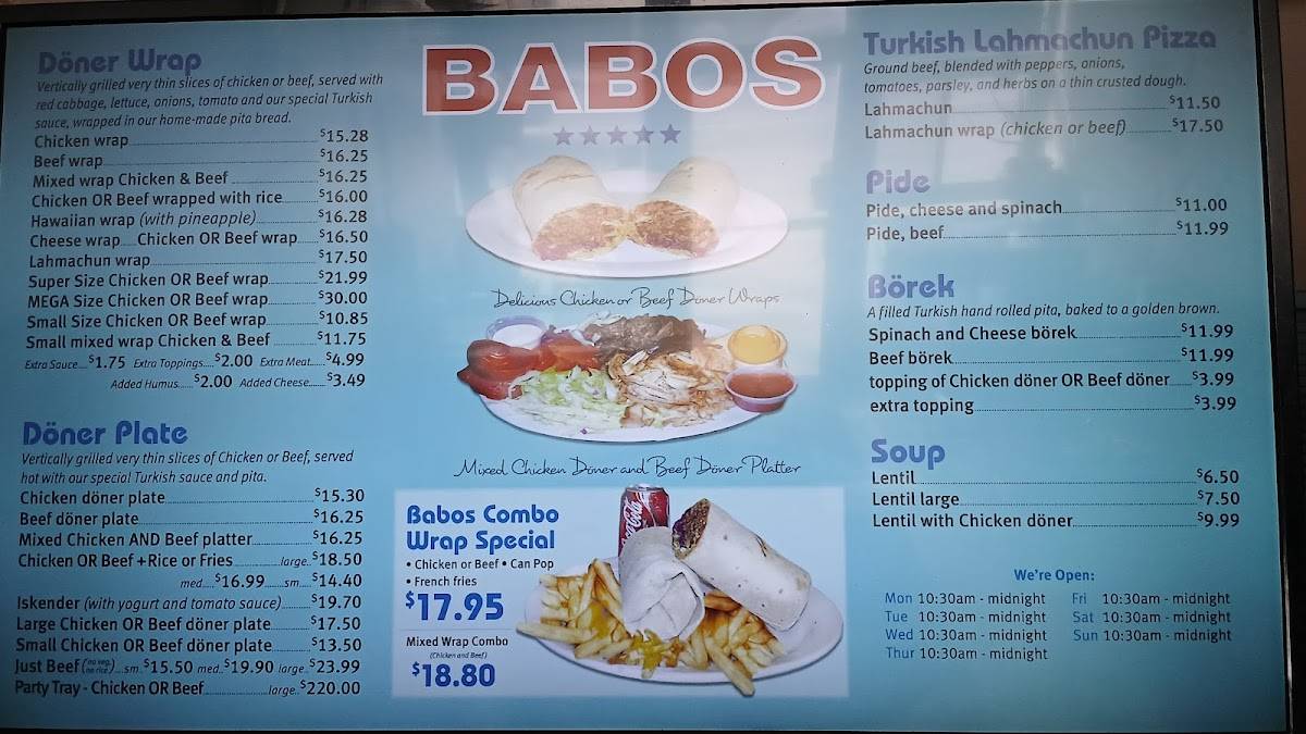 Menu at Babos Donerpoint restaurant, Toronto