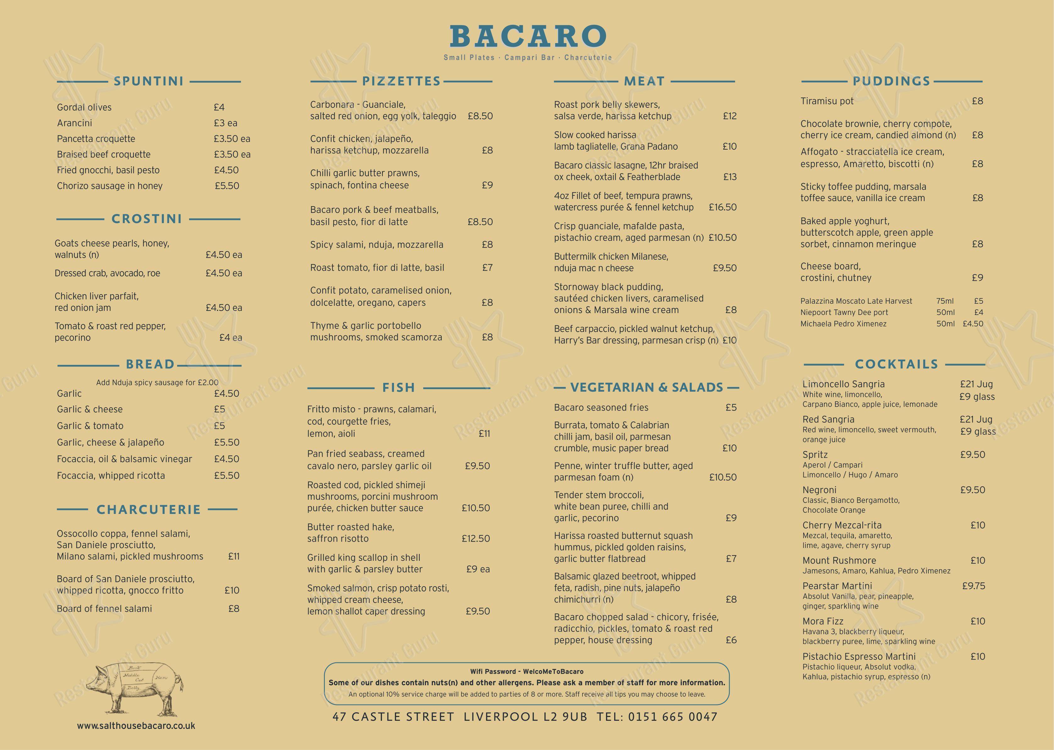 Menu at Bacaro pub & bar, Liverpool
