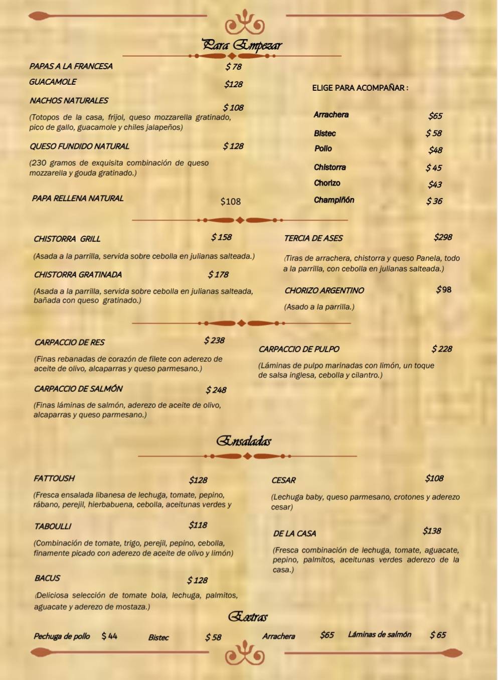 Menu at Barbaro's, Carne y Fuego, Chetumal