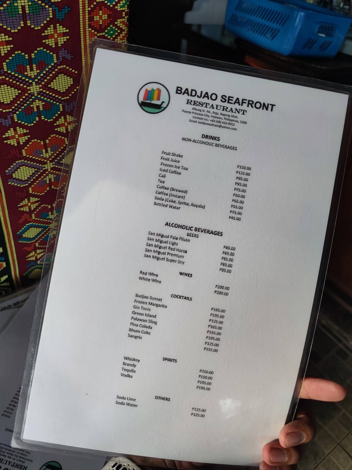 Menu at Badjao Seafront Restaurant, Puerto Princesa, PPHX+4V5