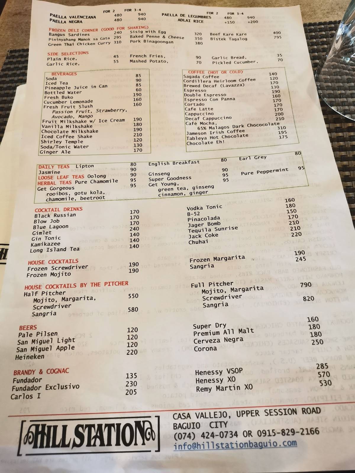 Menu at Hill Station restaurant, Baguio, Casa Vallejo