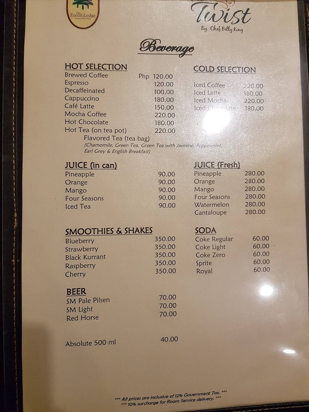 Menu at The Twist - The Forest Lodge restaurant, Baguio