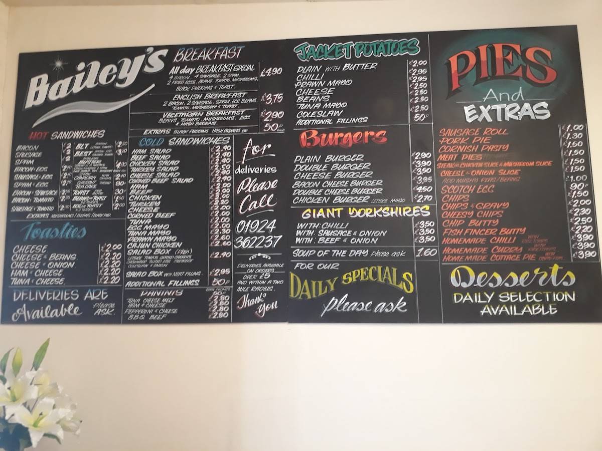 Menu at Bailey's cafe, Wakefield