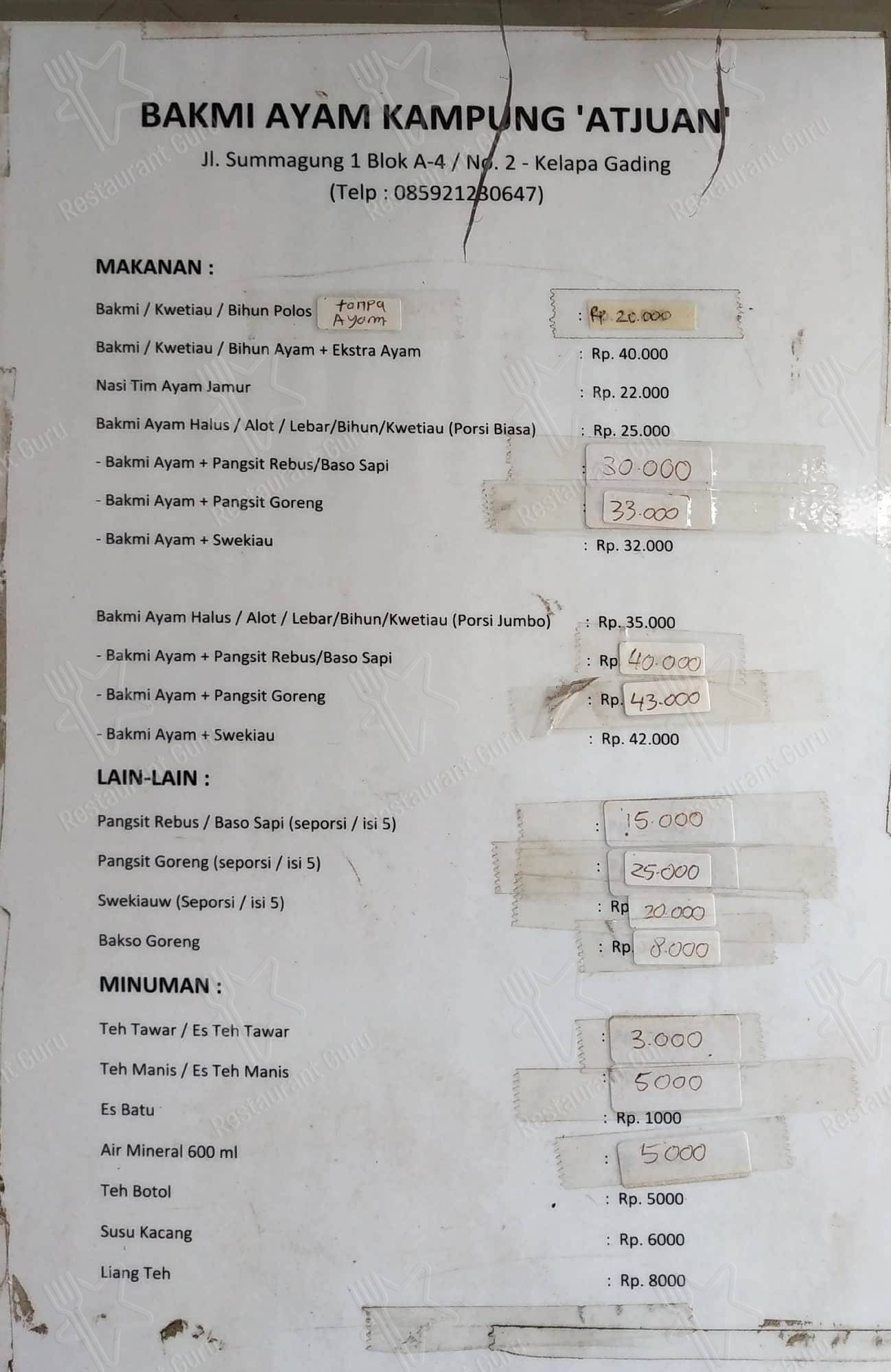 Menu at Bakmi atjuan restaurant, Jakarta, Summagung 1 blok A4 no 2