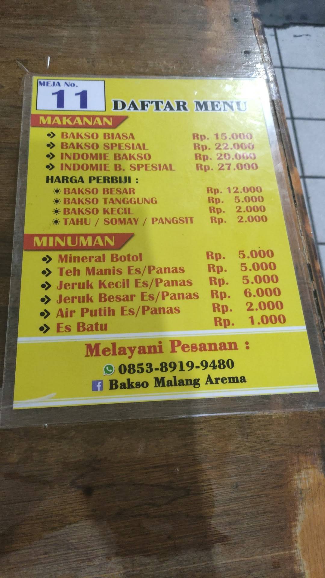 Menu at Bakso Malang Arema restaurant, Pontianak, X8FM+R5X
