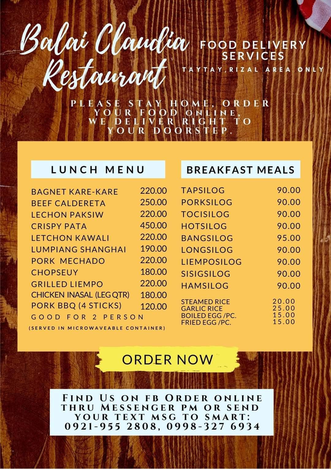 Carta de Balai Claudia Restaurant, Dine-In & Delivery - Taytay, Rizal ...