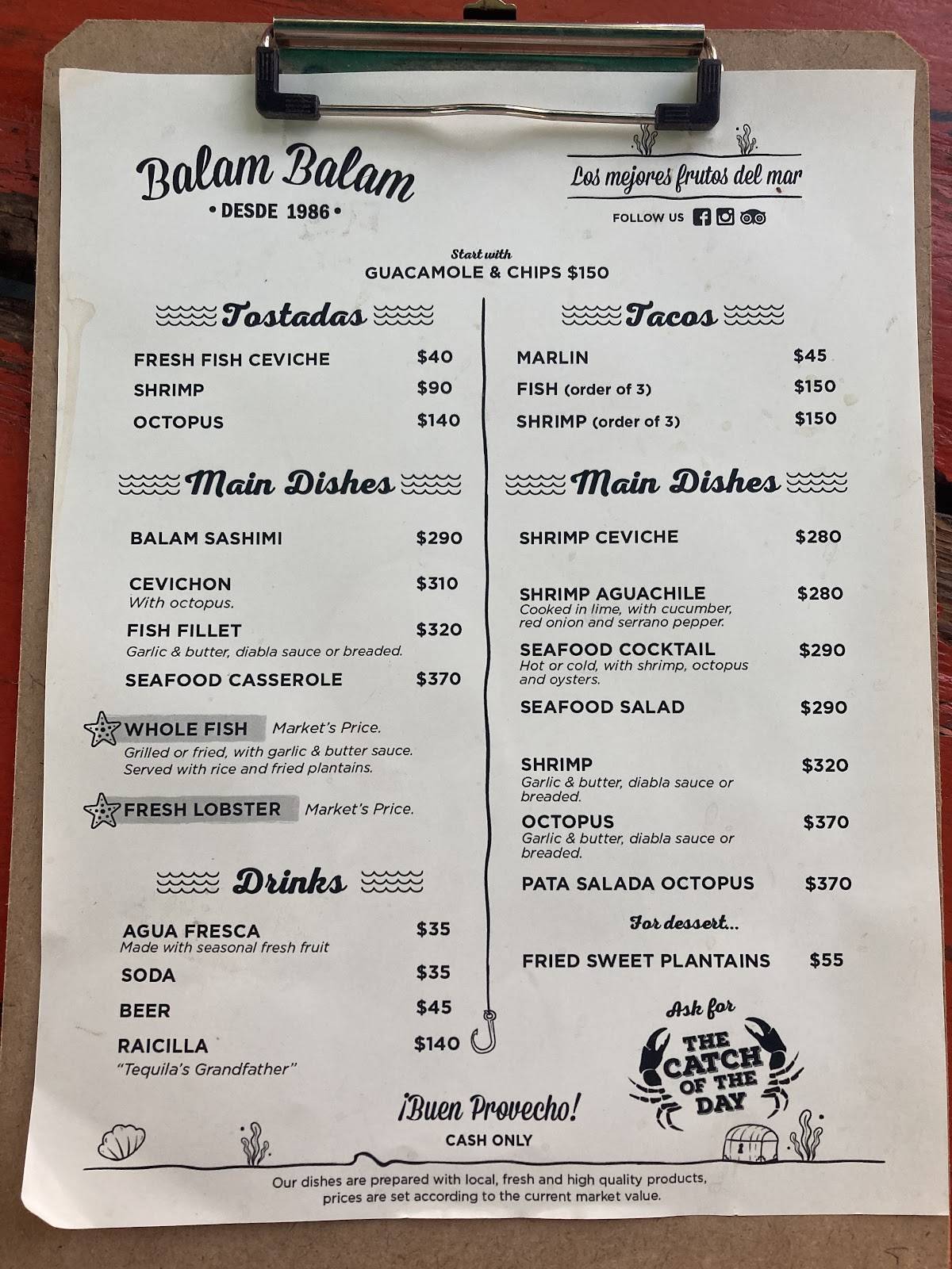 Menu at Balam Balam restaurant, Puerto Vallarta