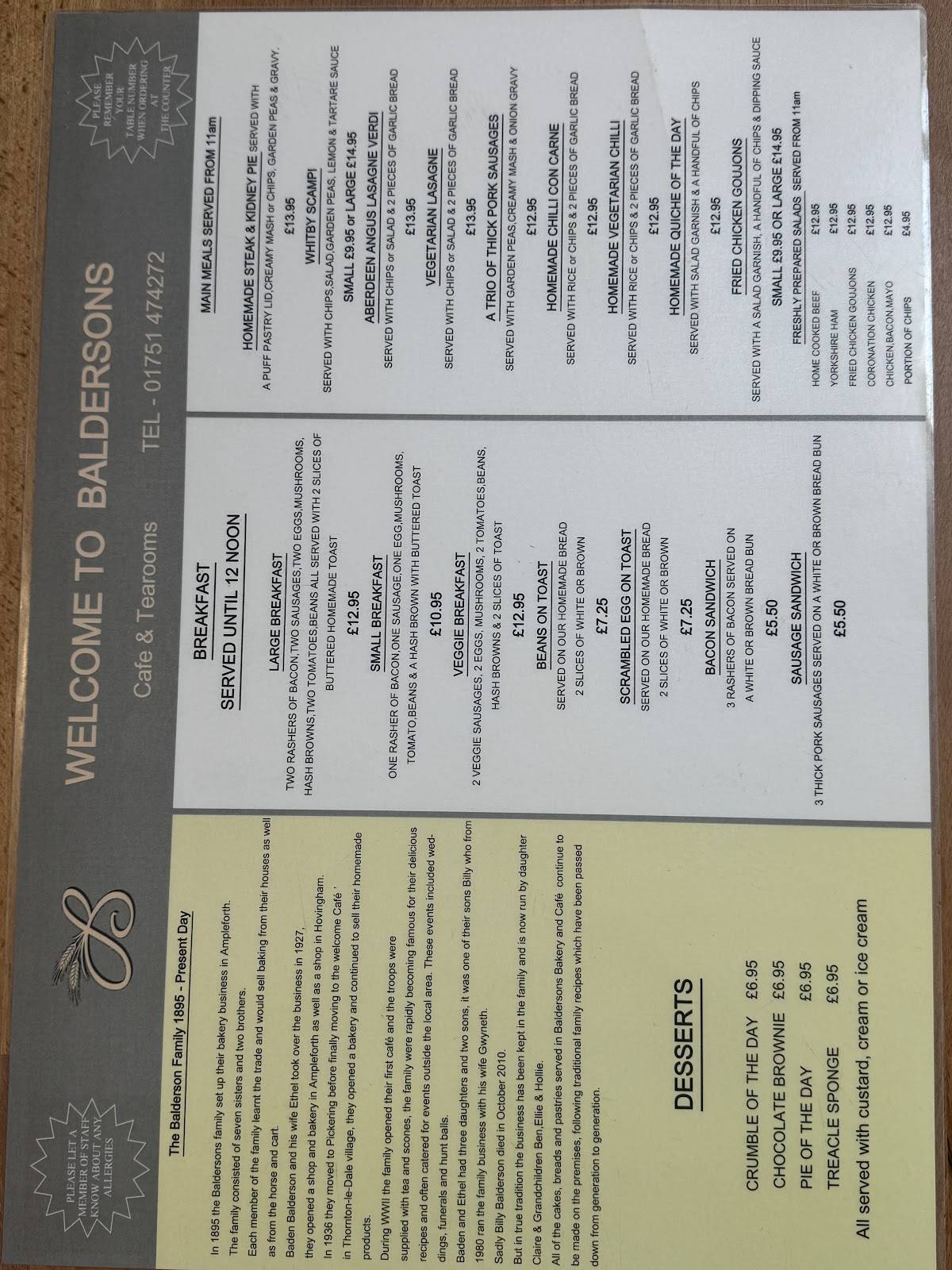 Menu at Baldersons Welcome Cafe & Bakery, Thornton Dale