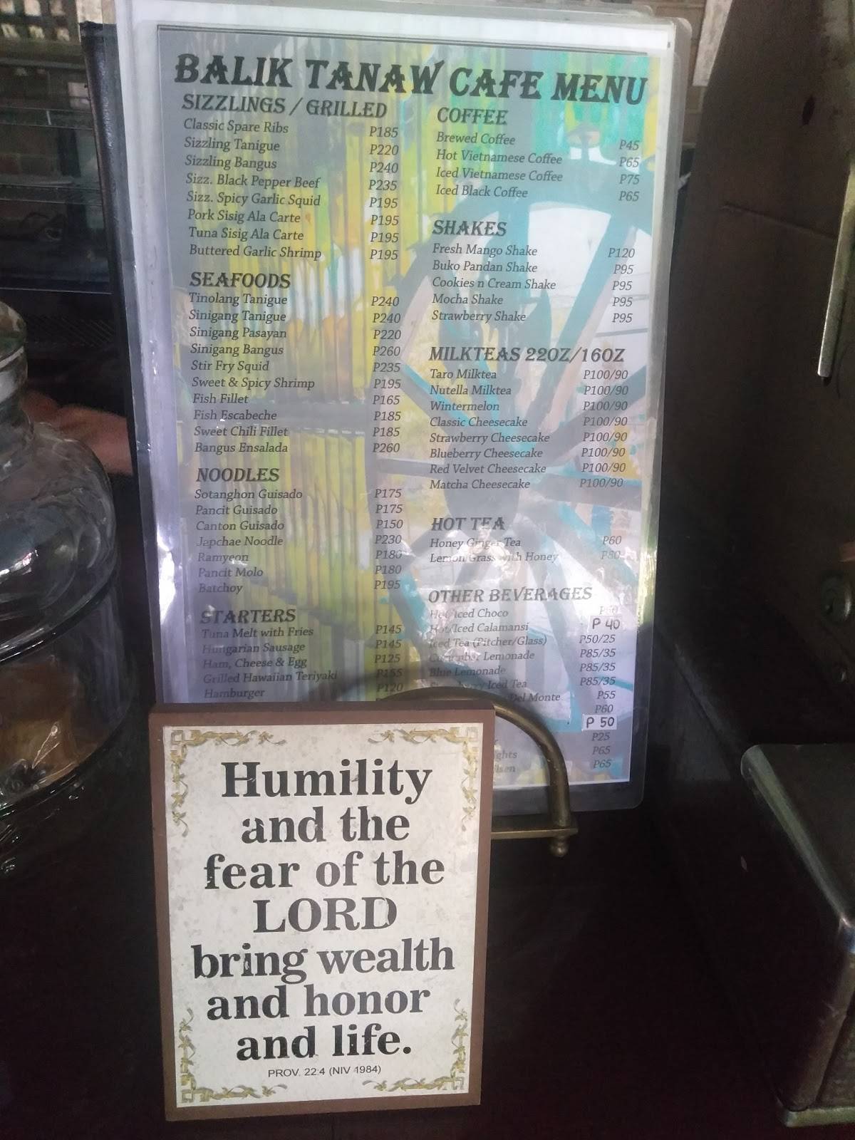 Carta de Balik Tanaw Cafe and Events Place, Silay City