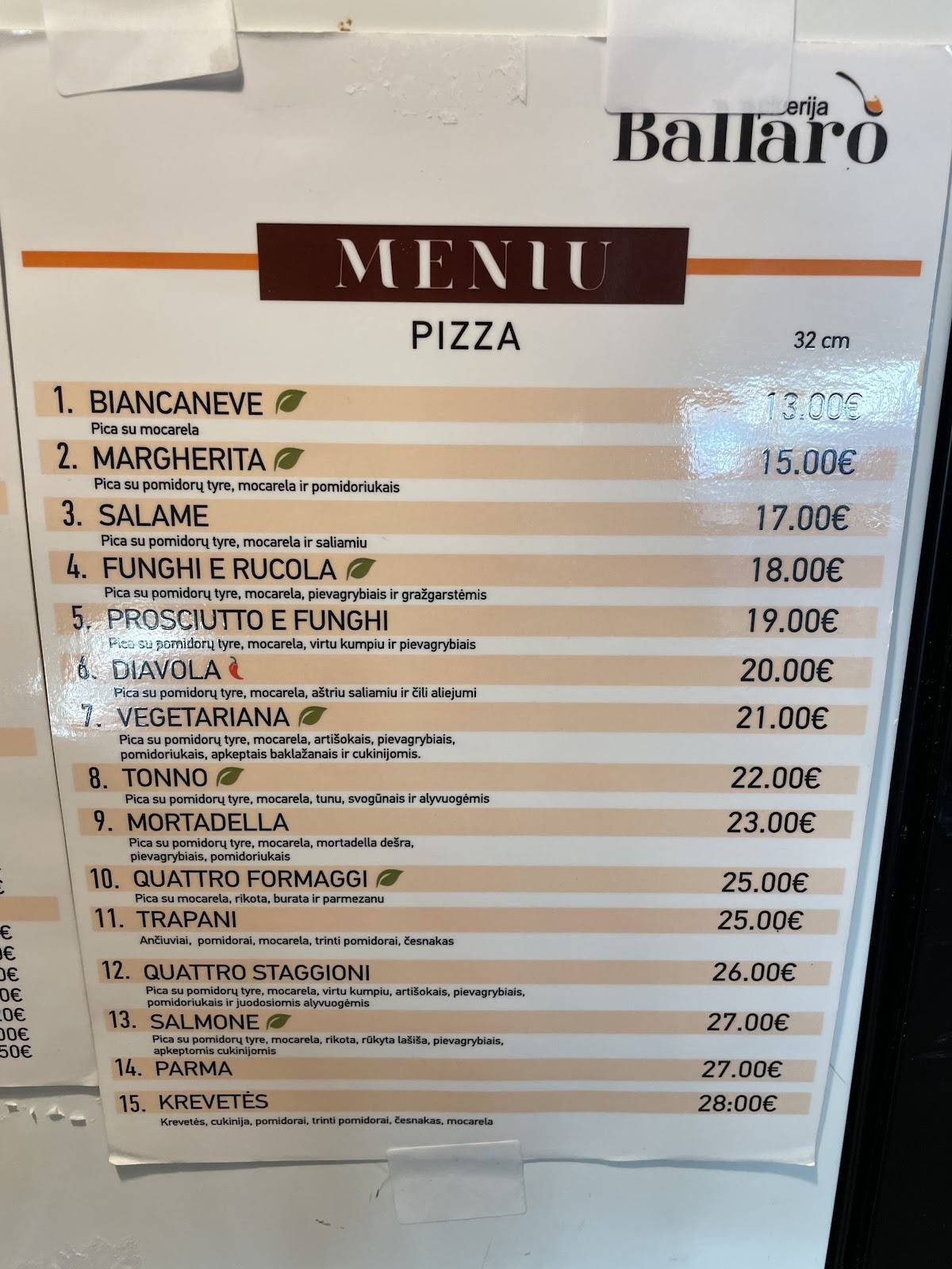 Menu at Ballarò Lithuania restaurant, Rietavas