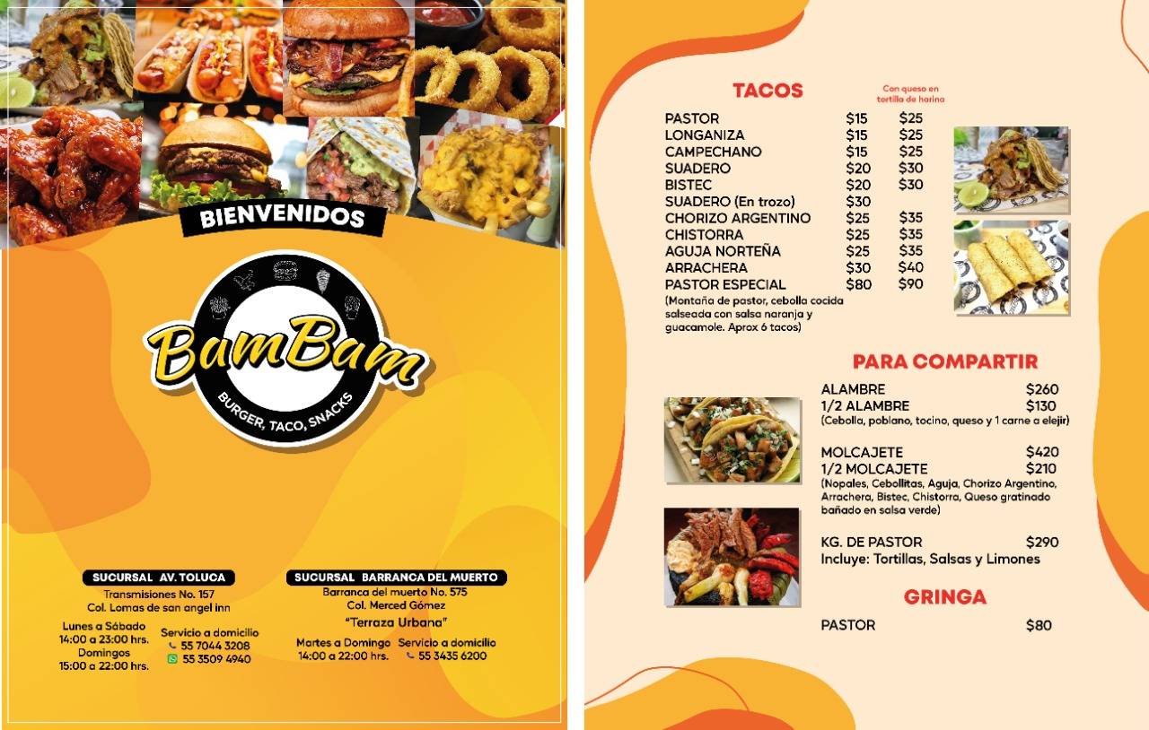 Menu at Bam Bam Burguer restaurant, Mexico City