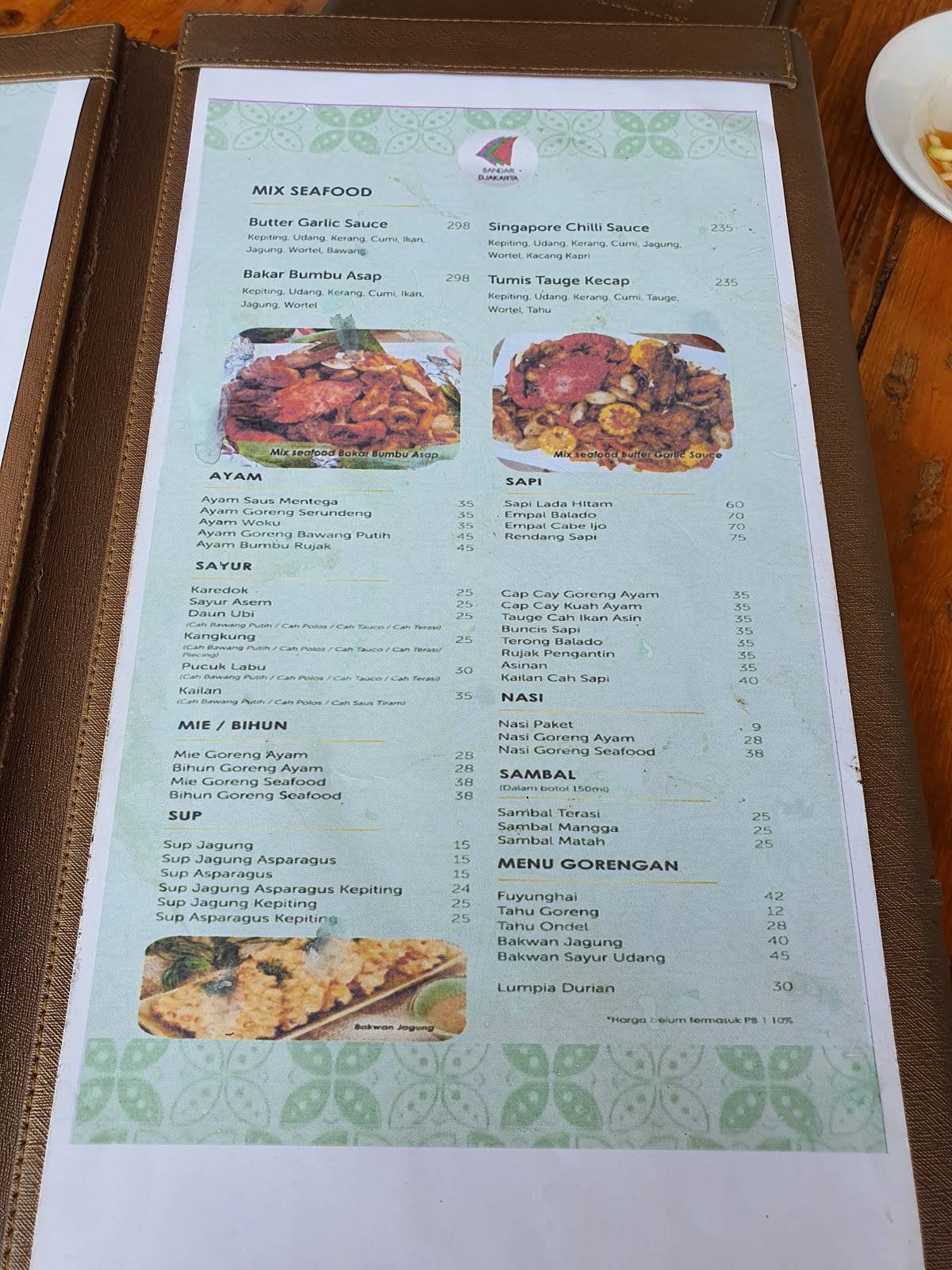 Menu at Bandar Djakarta restaurant, Jakarta, Jl. Pantai Indah No.7