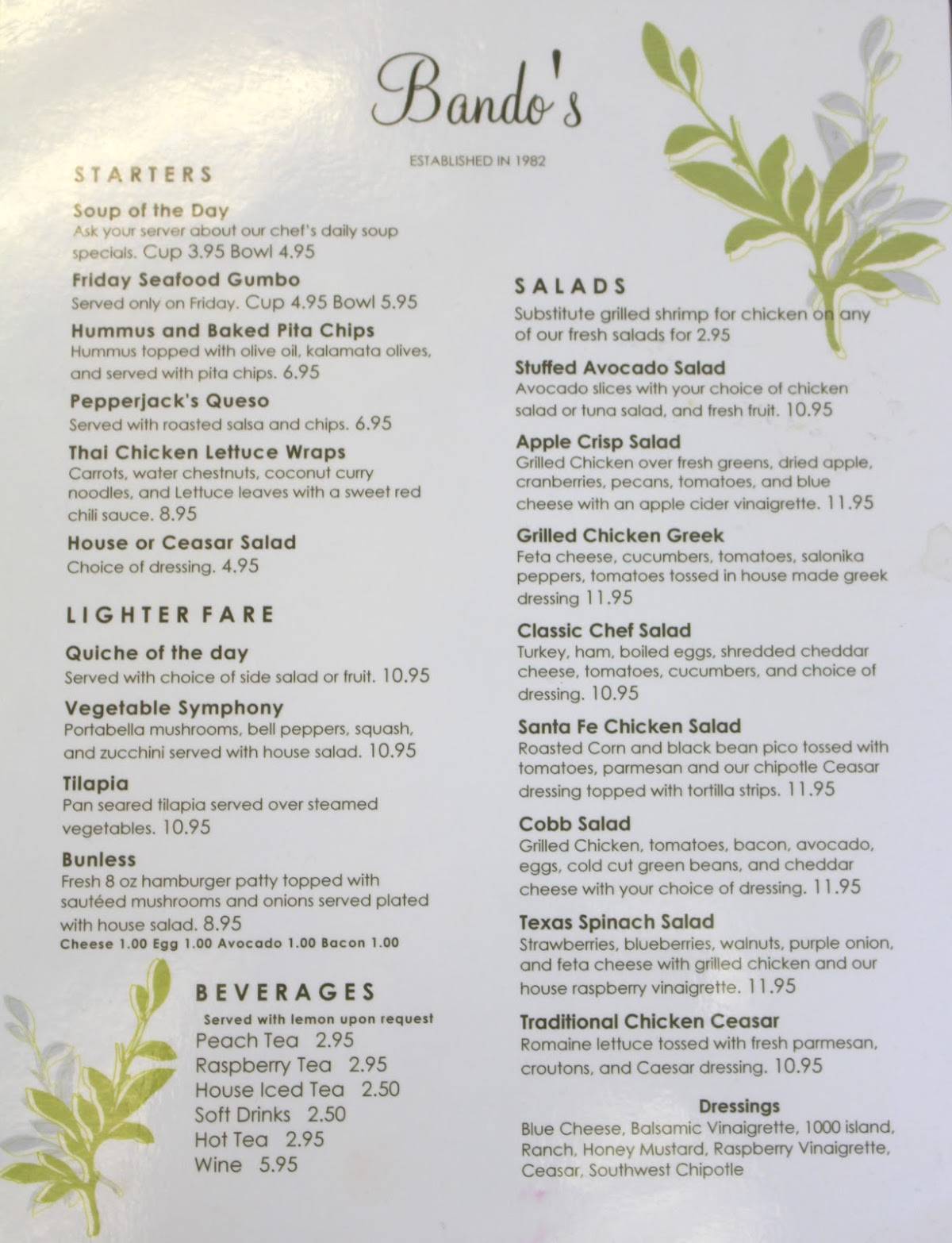 Menu at Bando's cafe, Beaumont