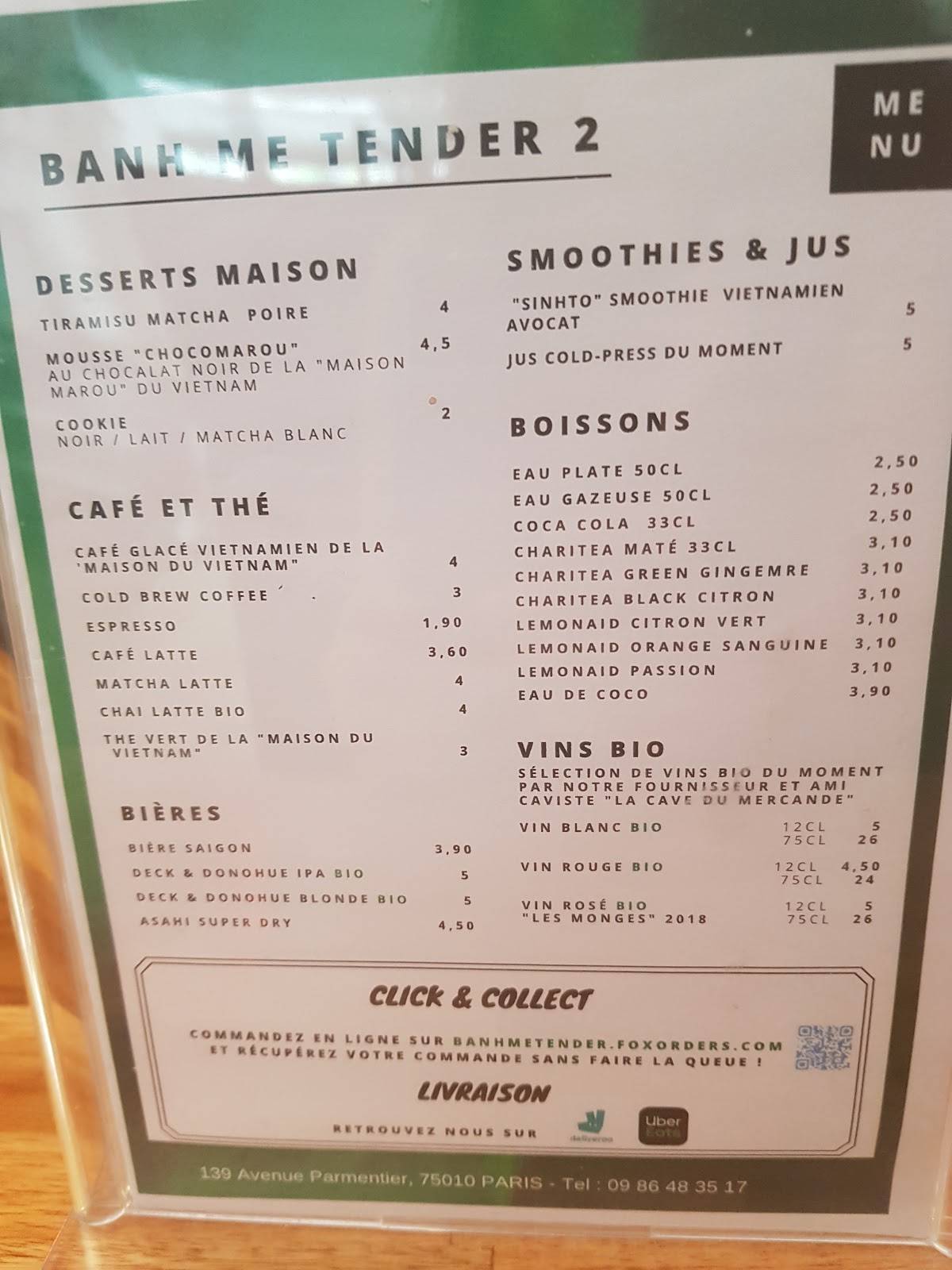 Menu au Banh Me Tender restaurant, Paris