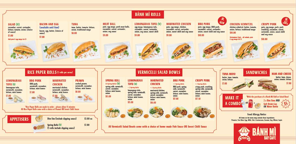 Menu at Banh Mi Bay Cafe, Brookvale