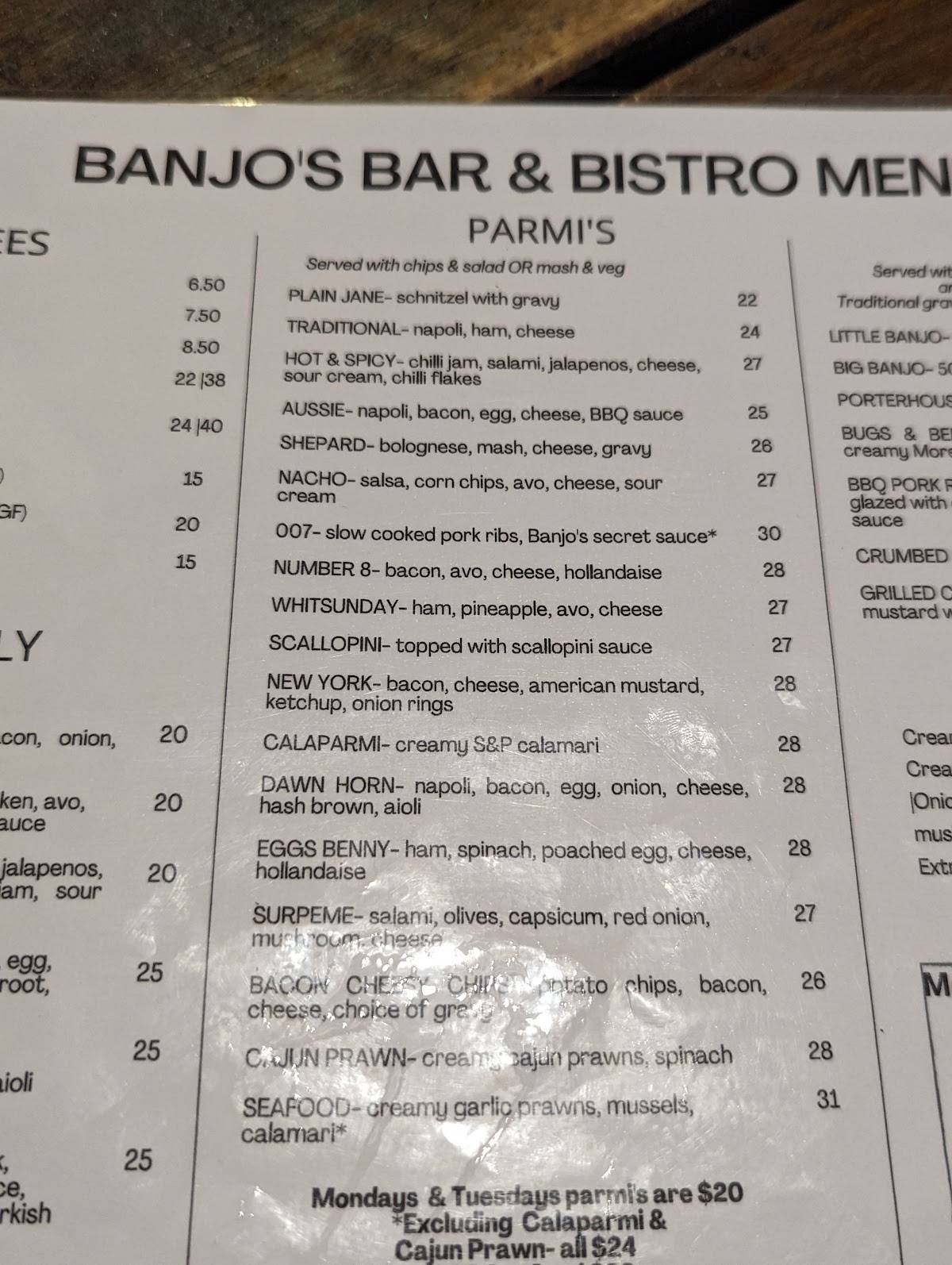 Menu at Banjo's Bar & Bistro, Cannonvale