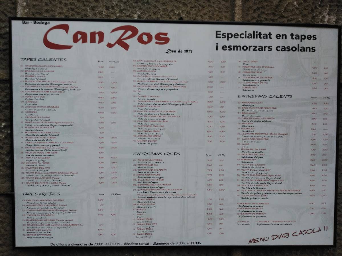 Carta de Bar Bodega Can Ros, Barcelona, C/ de Roger de Flor