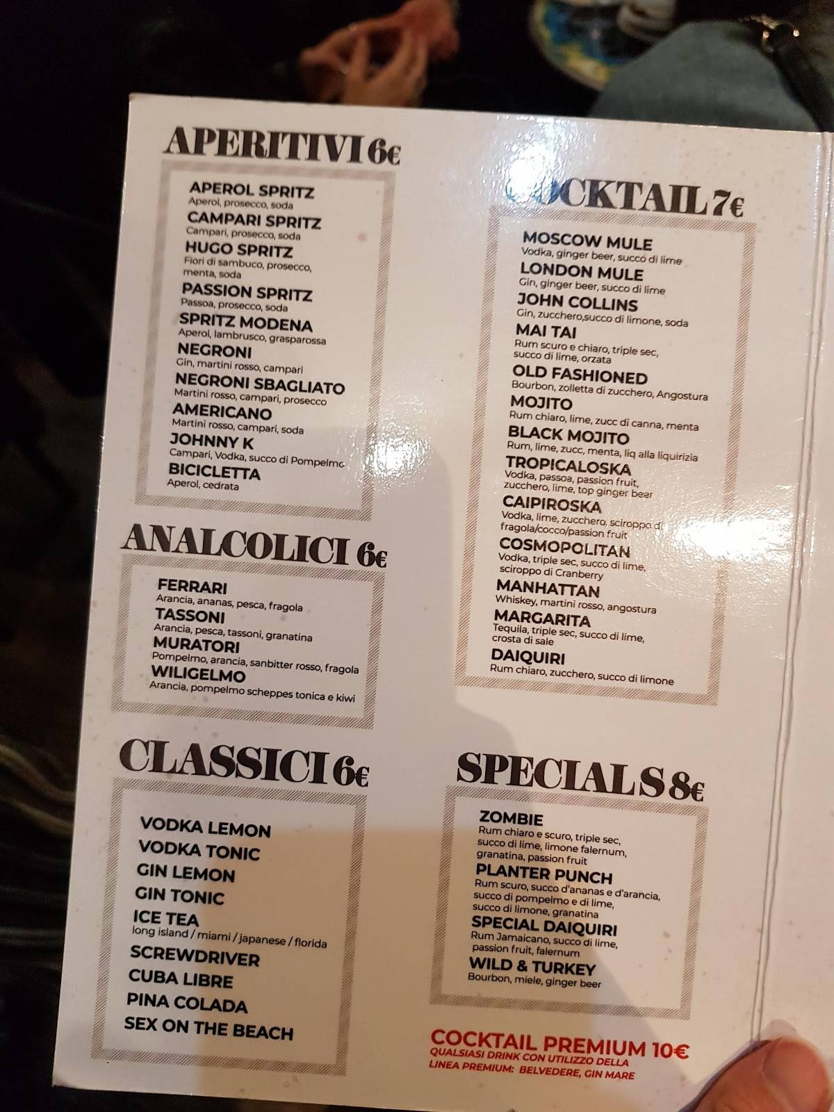 Menu da Bar Embassy Modena, Modena