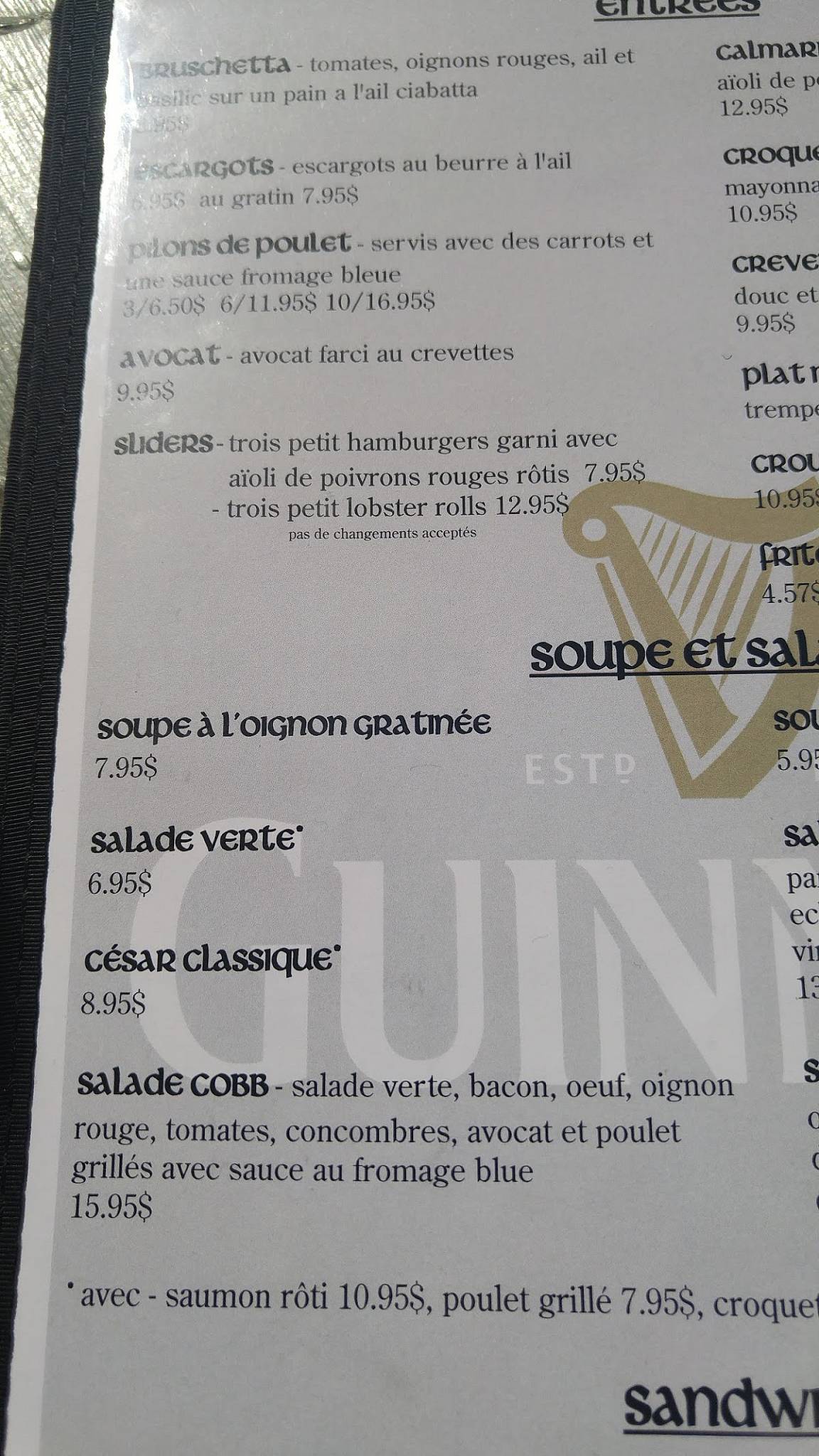 Menu au Bar Le Vieux Pub A Rockburn, Canada