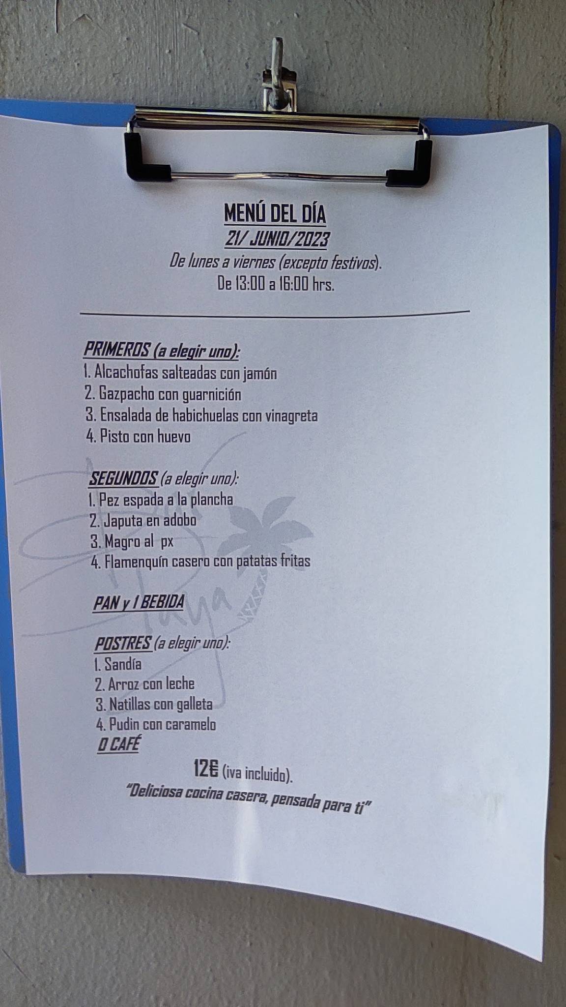 Carta de Bar Playa, Córdoba