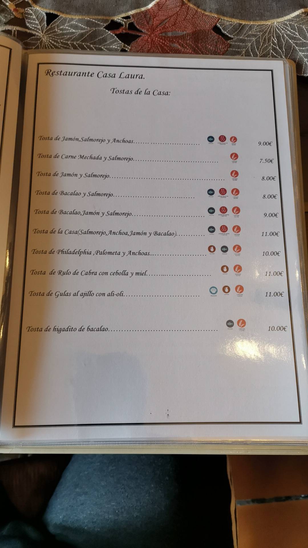 Carta de Bar Restaurante CASA LAURA., Chipiona
