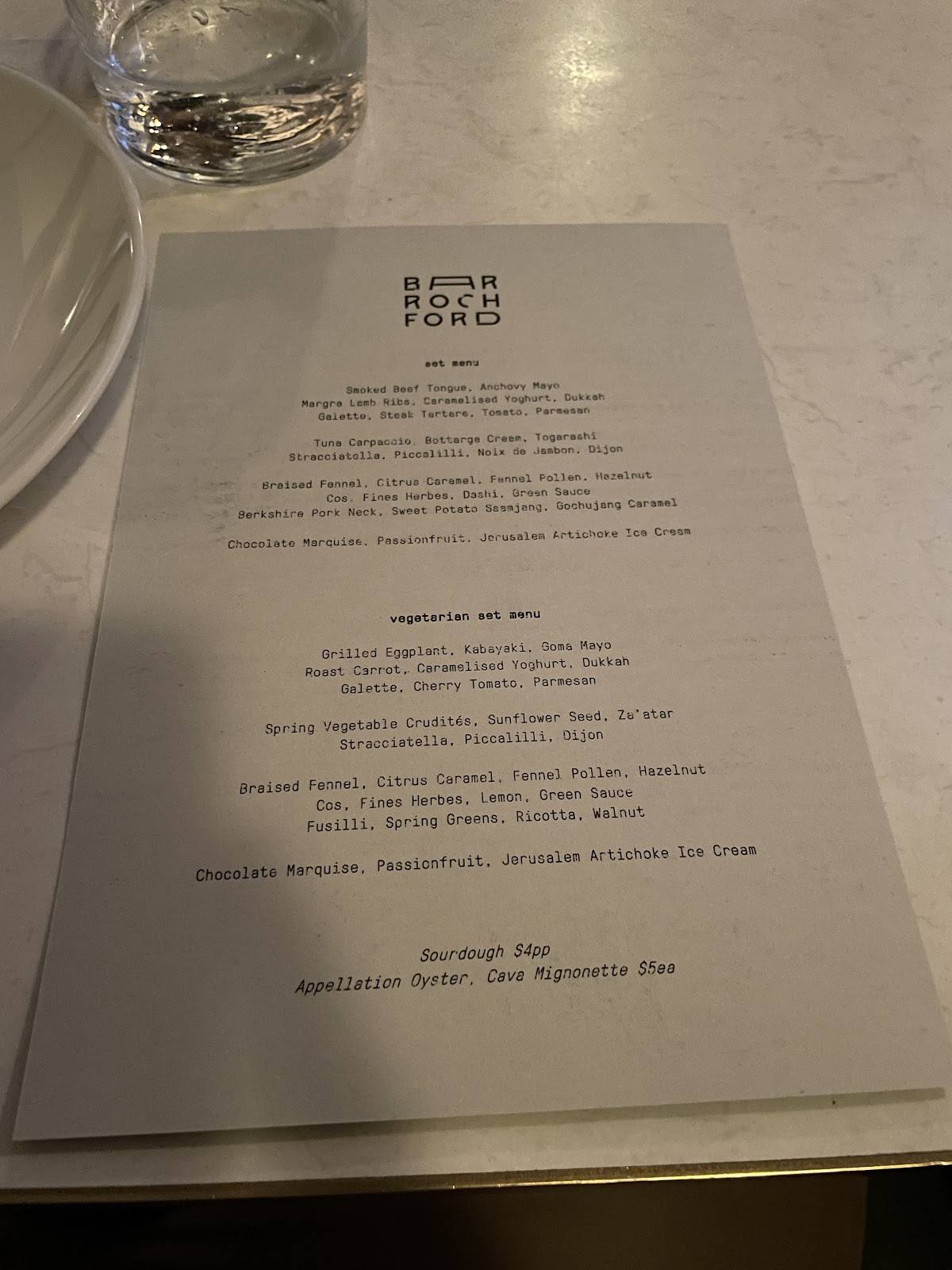 Menu at Bar Rochford, Canberra