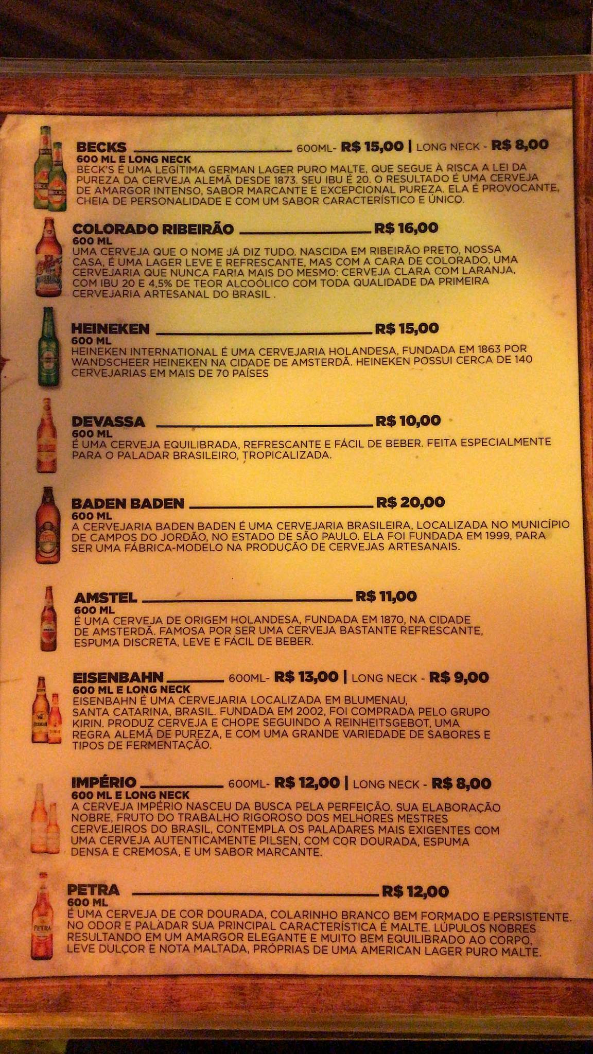 Menu em Bar da Roça, Campinas