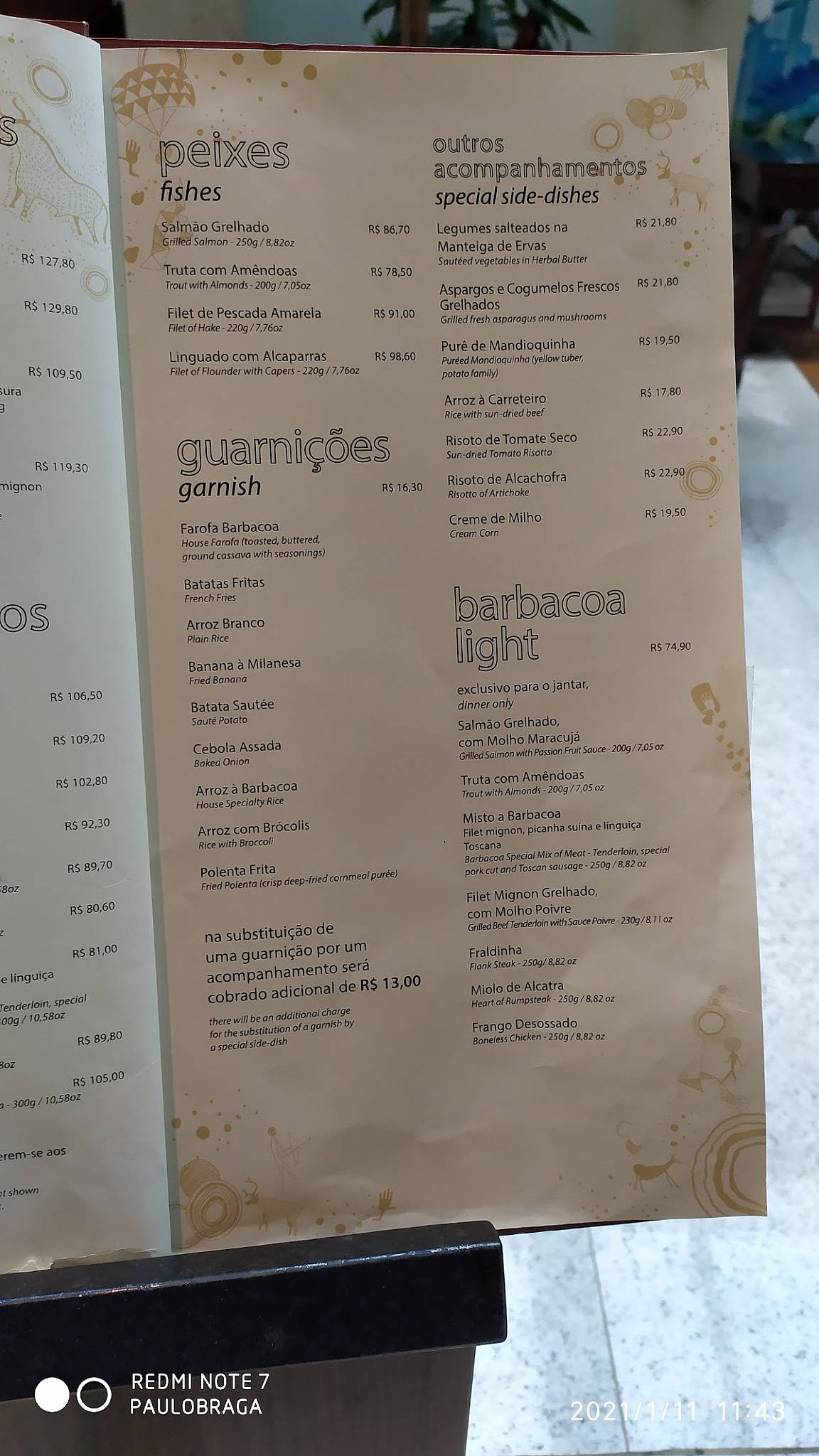 Menu at Barbacoa, Brasília