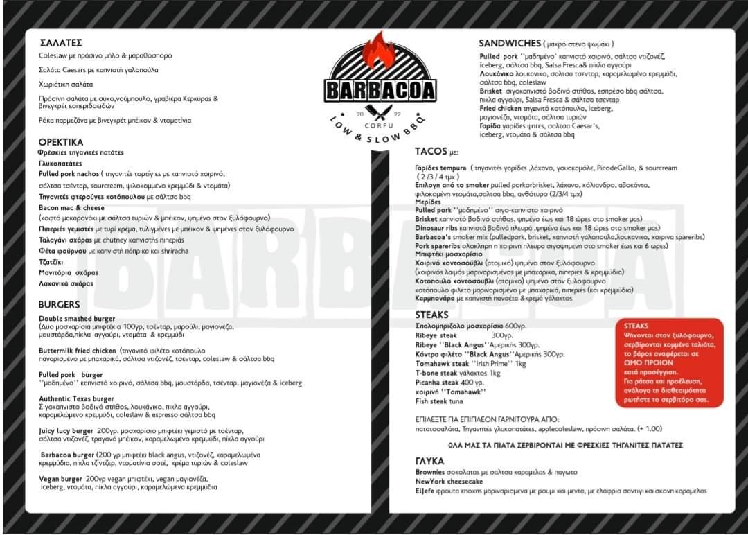Menu at Barbacoa, Dassia
