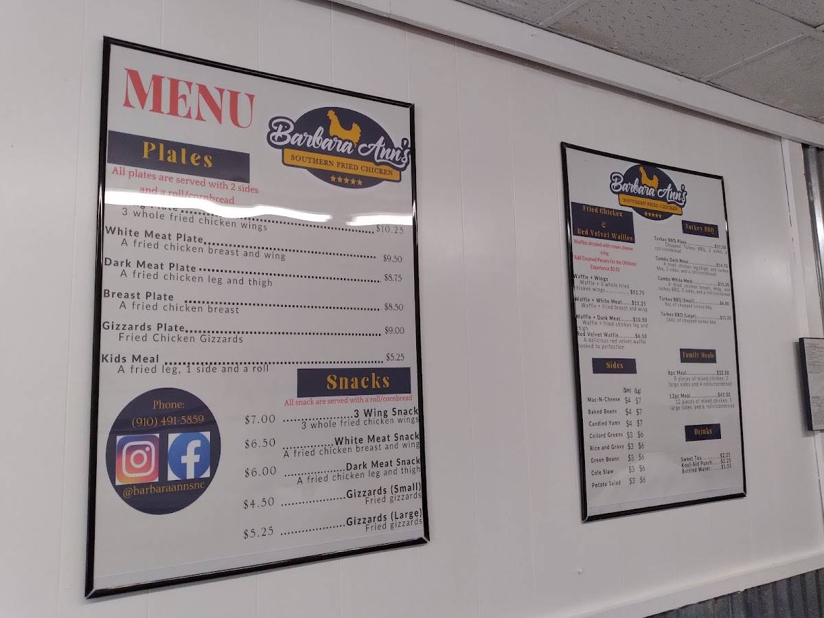 Menu at Barbara Ann's Southern Fried Chicken, Hope Mills