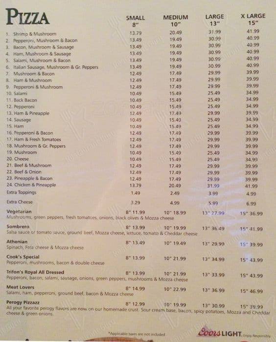 Menu at Barley Mill Brew Pub / Trifon's Pizza, Regina